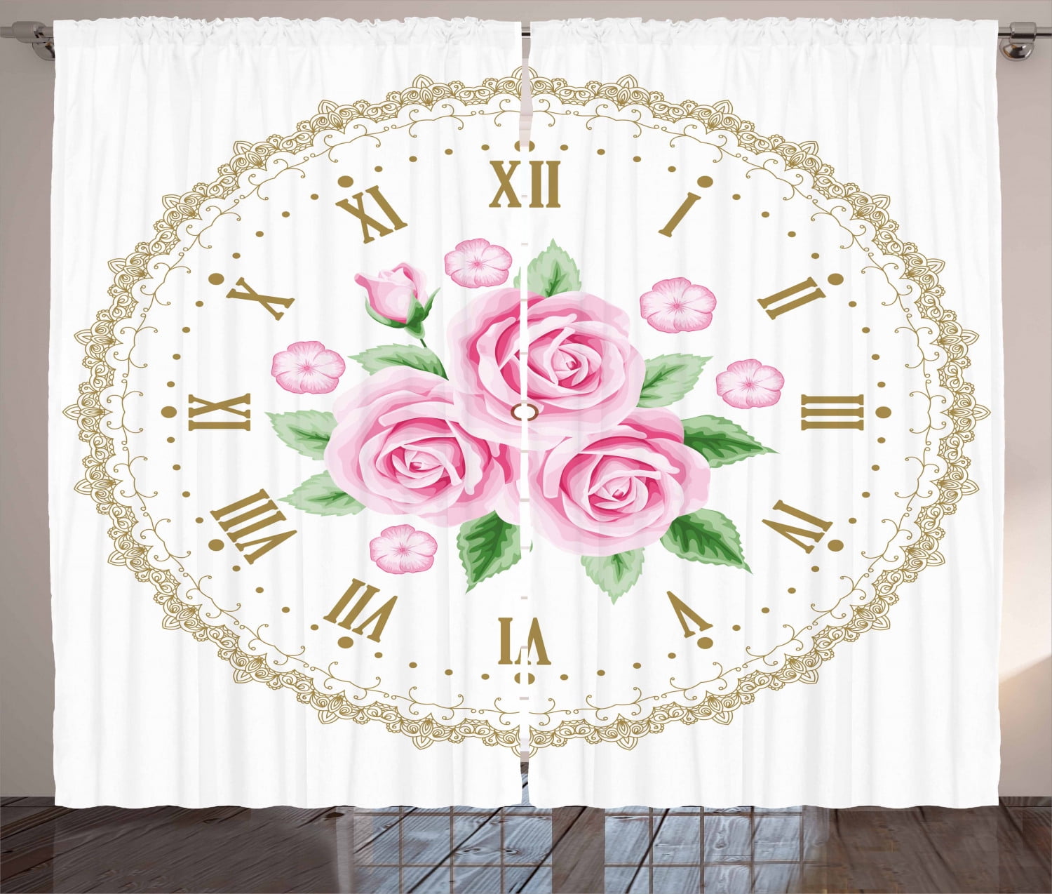 Ambesonne Shabby Flora Curtains 2 Panel Set, Vintage Clock Roses, 108 ...