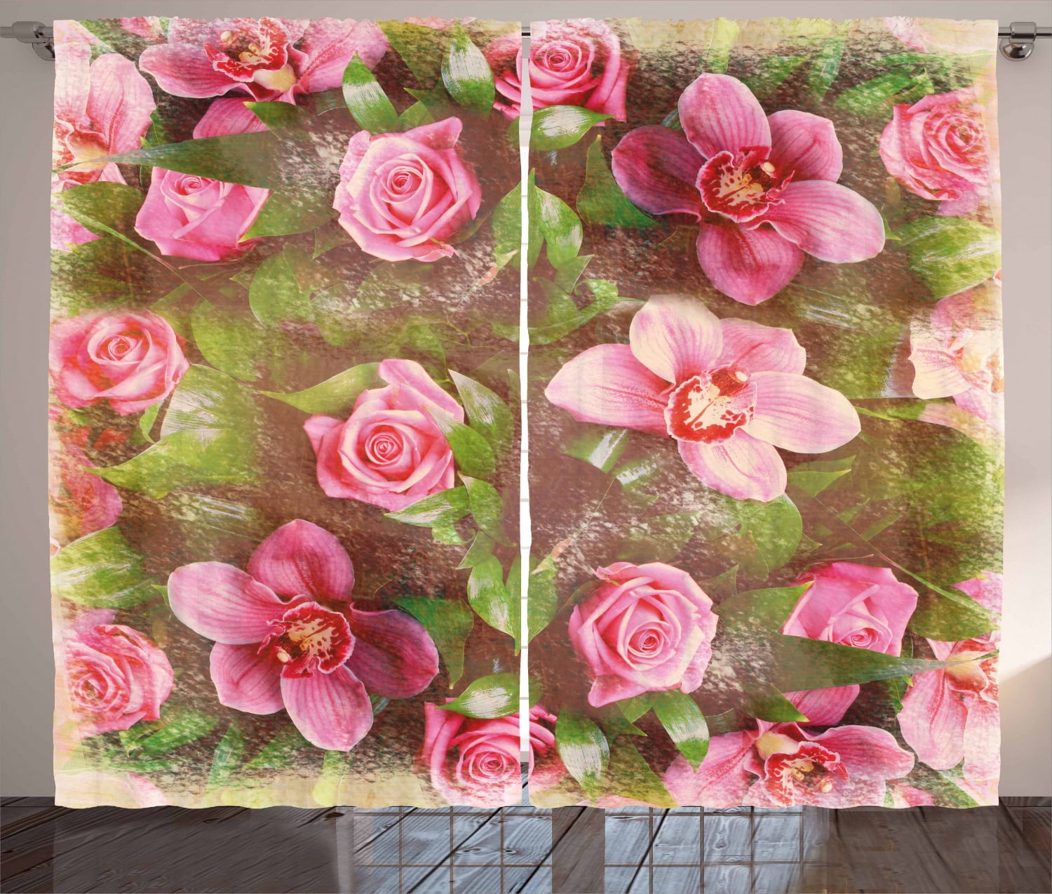 Ambesonne Shabby Flora Curtains 2 Panel Set, Retro Flora Romance, 108 ...