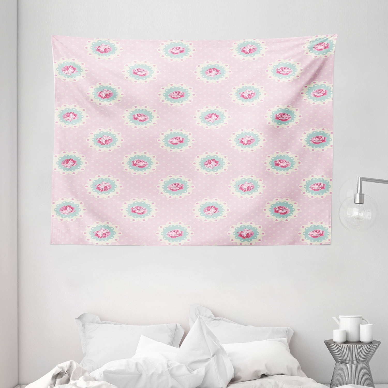 Shabby Chic Decor Tapestry, Retro Polka Dotted Backdrop and Floral ...
