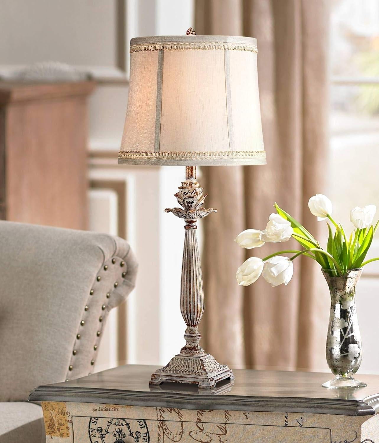 Shabby Chic French Country Table Lamp 28" Antique White Beige Shade ...