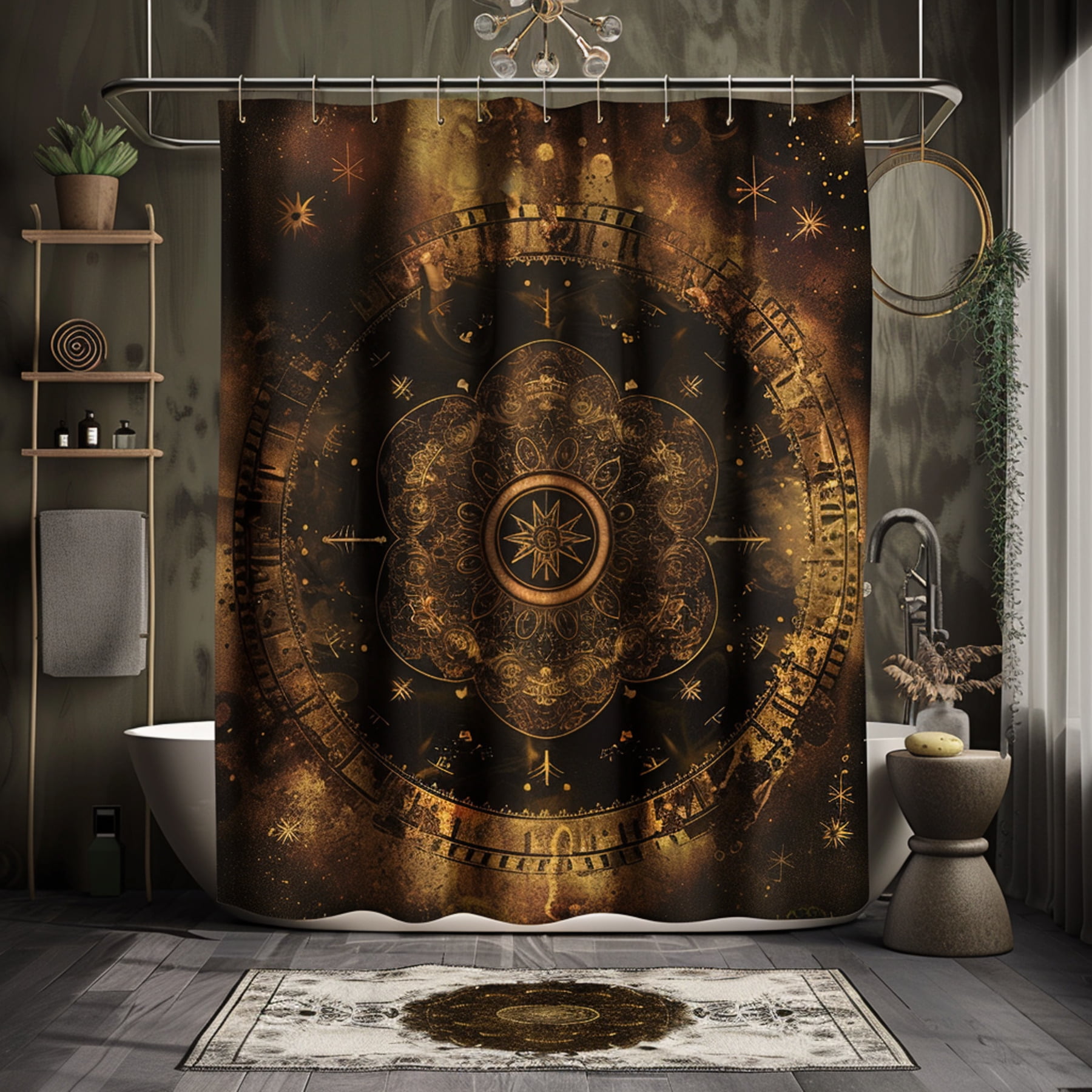 Shabby Chic Mystical Celestial Mandala Shower Curtain Dark Brown And