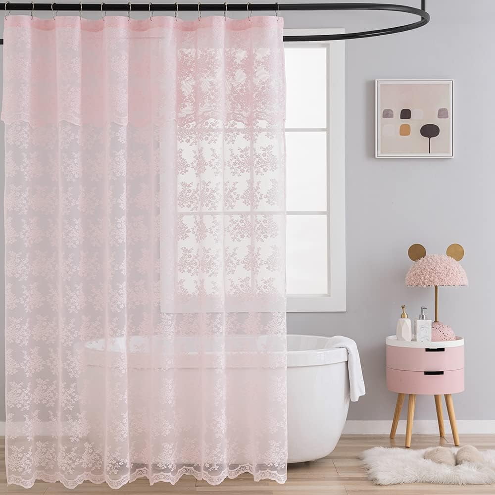 Shabby Chic Pink Lace Shower Curtain with Attached Valance for Bathroom ...
