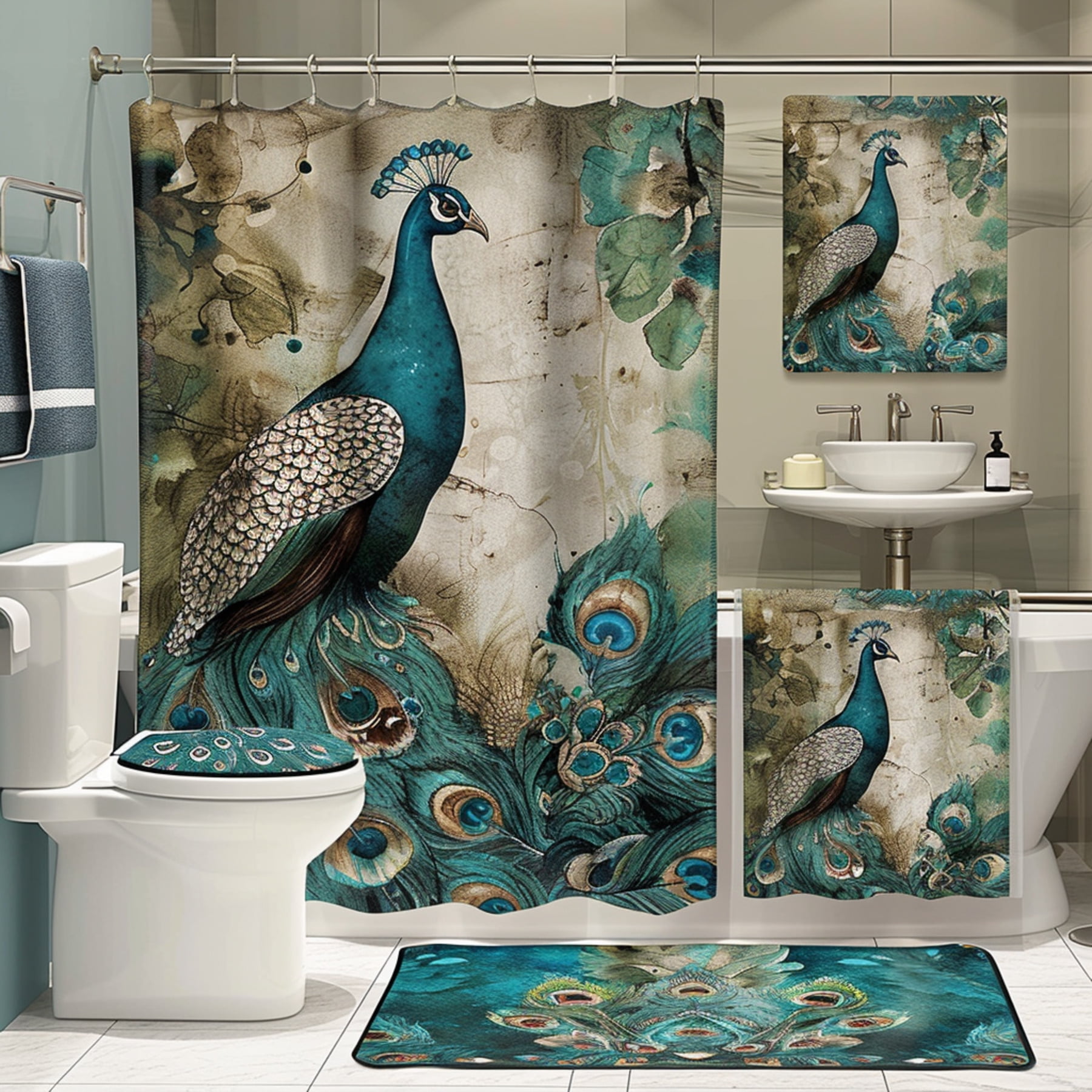 Shabby Chic Teal and Brown Peacock Bathroom Decor Set with Vintage ...
