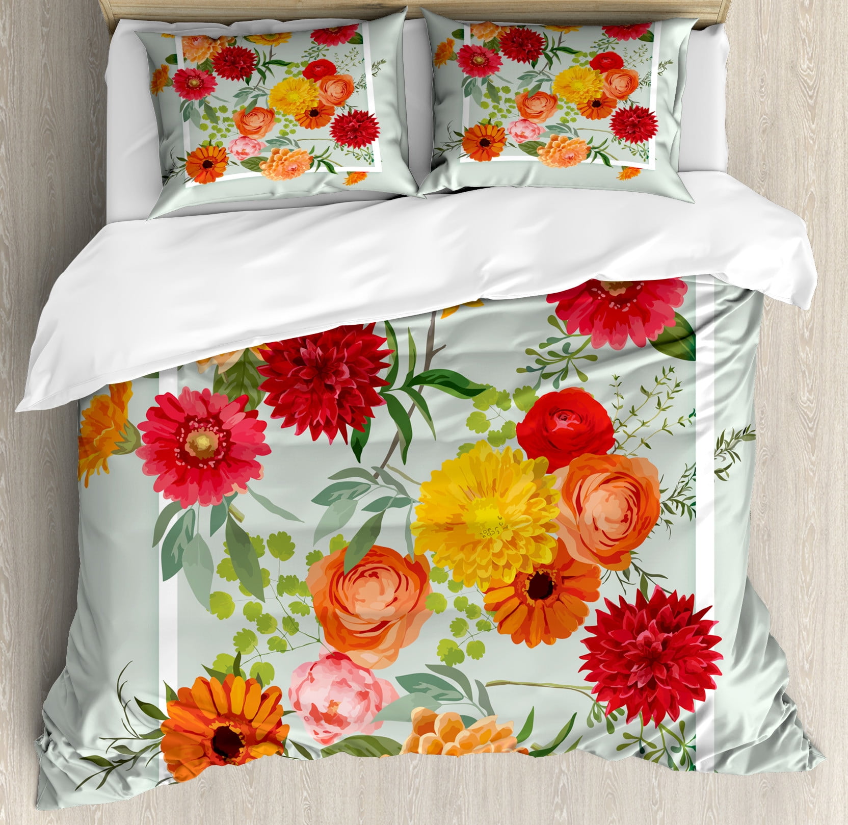 Shabby Flora Duvet Cover Set, Floral Flowers Leaves Buds Frame Art ...