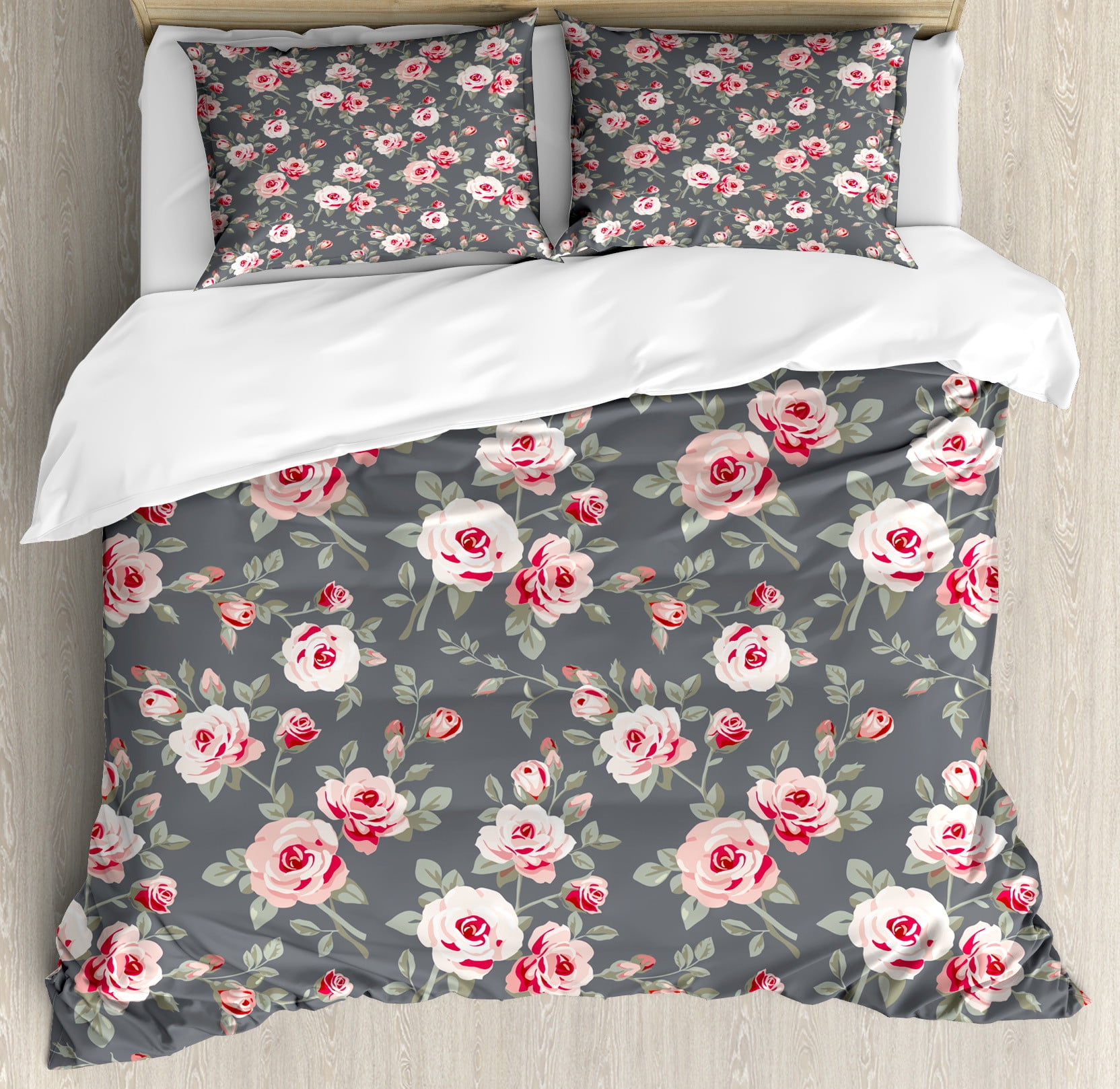 Shabby Flora Duvet Cover Set, Vintage Style Vibrant Roses Leaves Bush ...