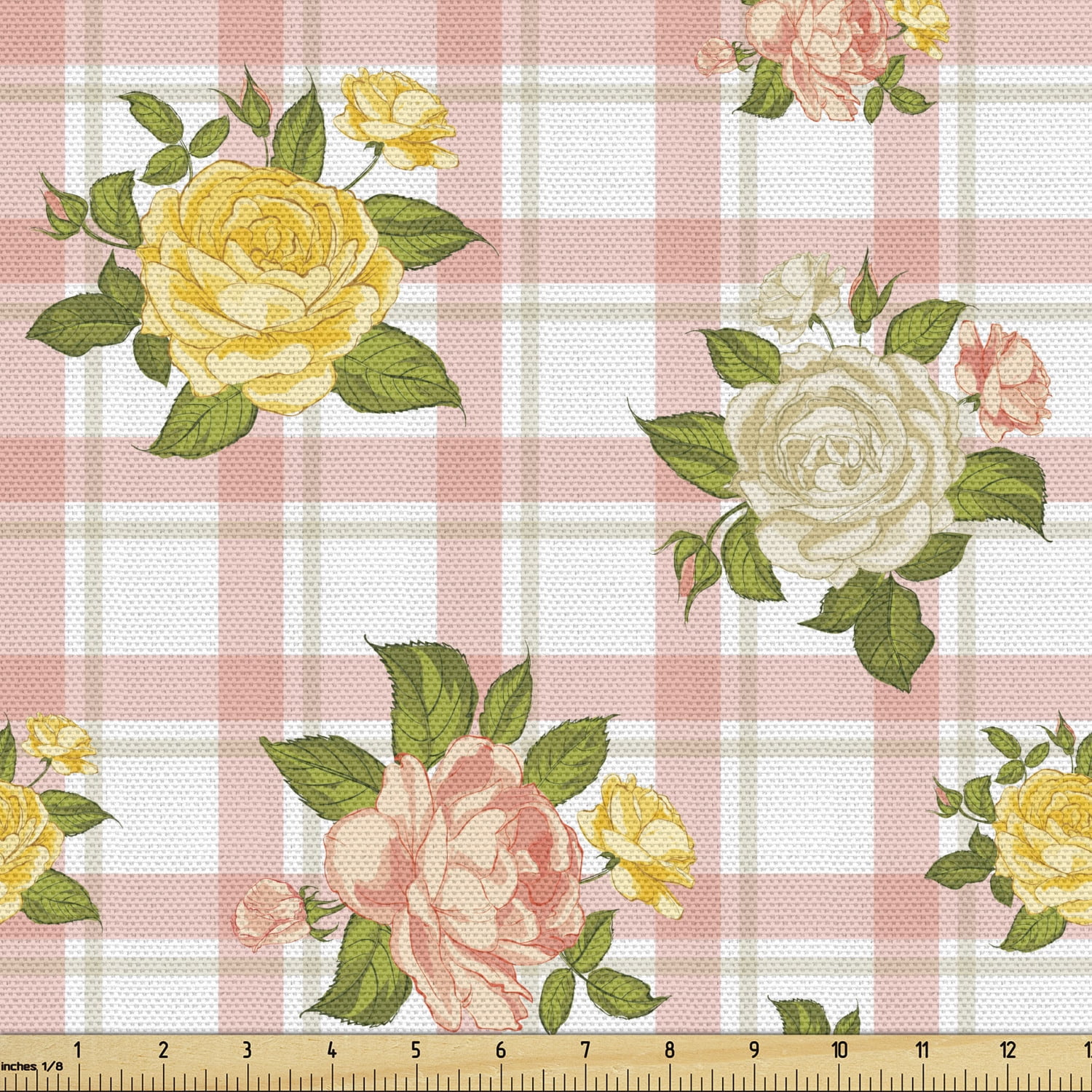 Ambesonne Shabby Flora Fabric by the Yard Upholstery, Roses on Plaid ...