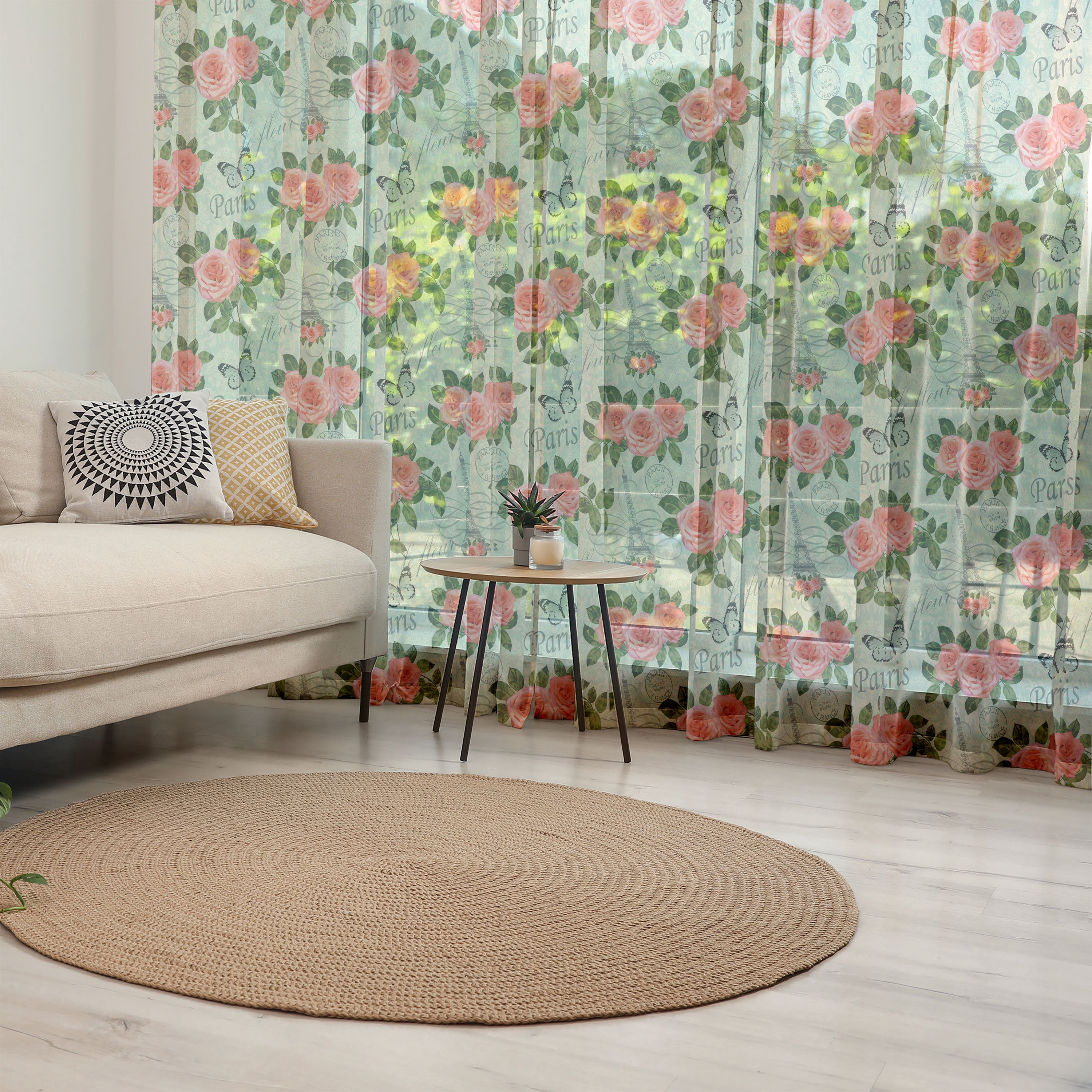 Shabby Flora Tulle Curtains with Rod Pocket, Paris Lettering with Roses ...