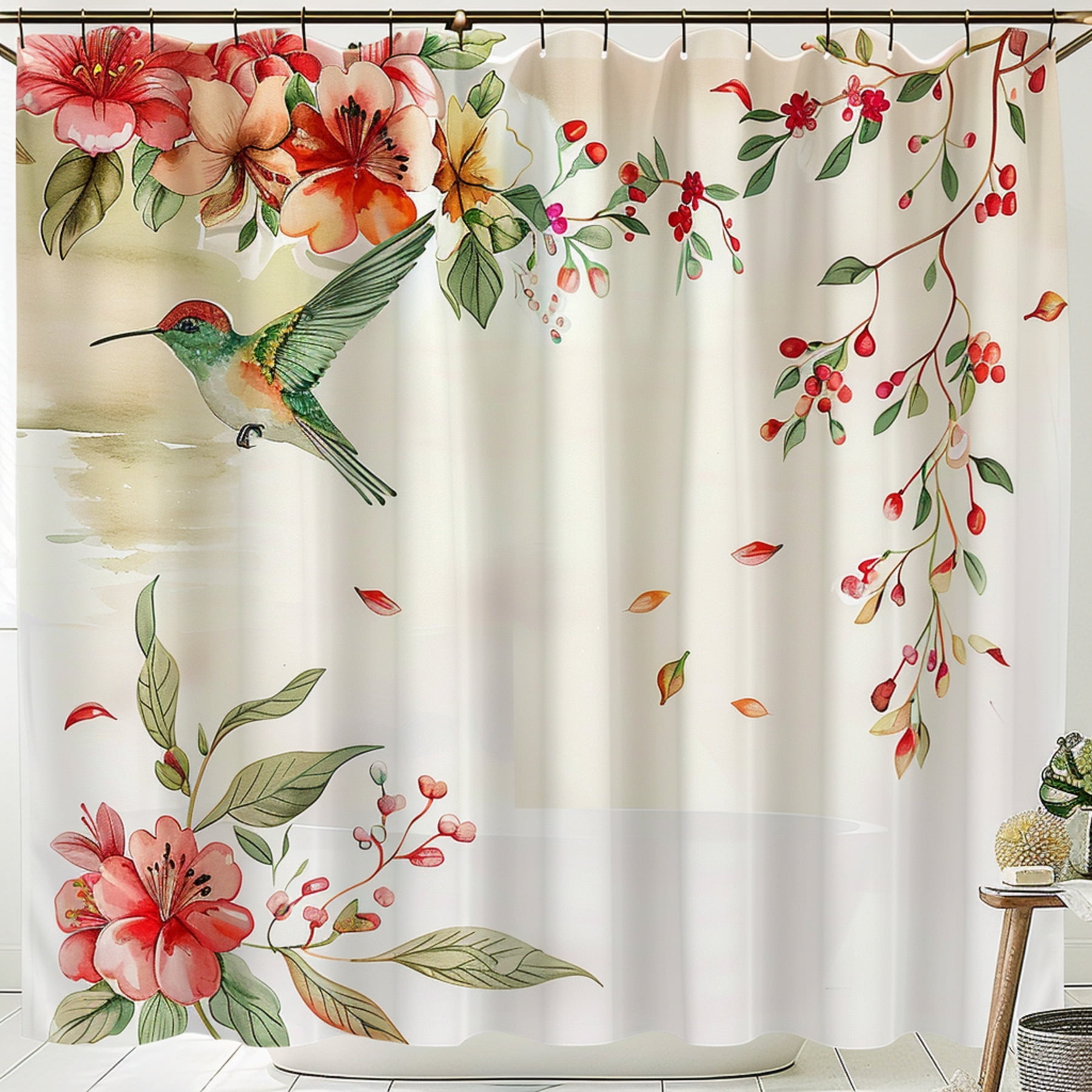 Shabby Chic Hummingbird And Floral Shower Curtain With Watercolor