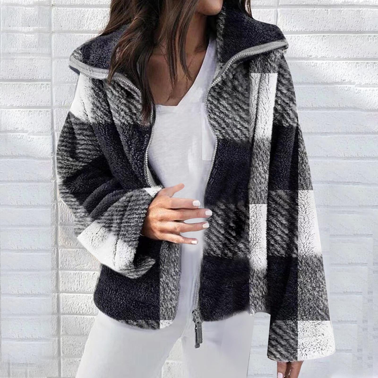 Shacket Womens Brushed Flannel Plaid Shirt Jacket for Women Lapel Zip ...