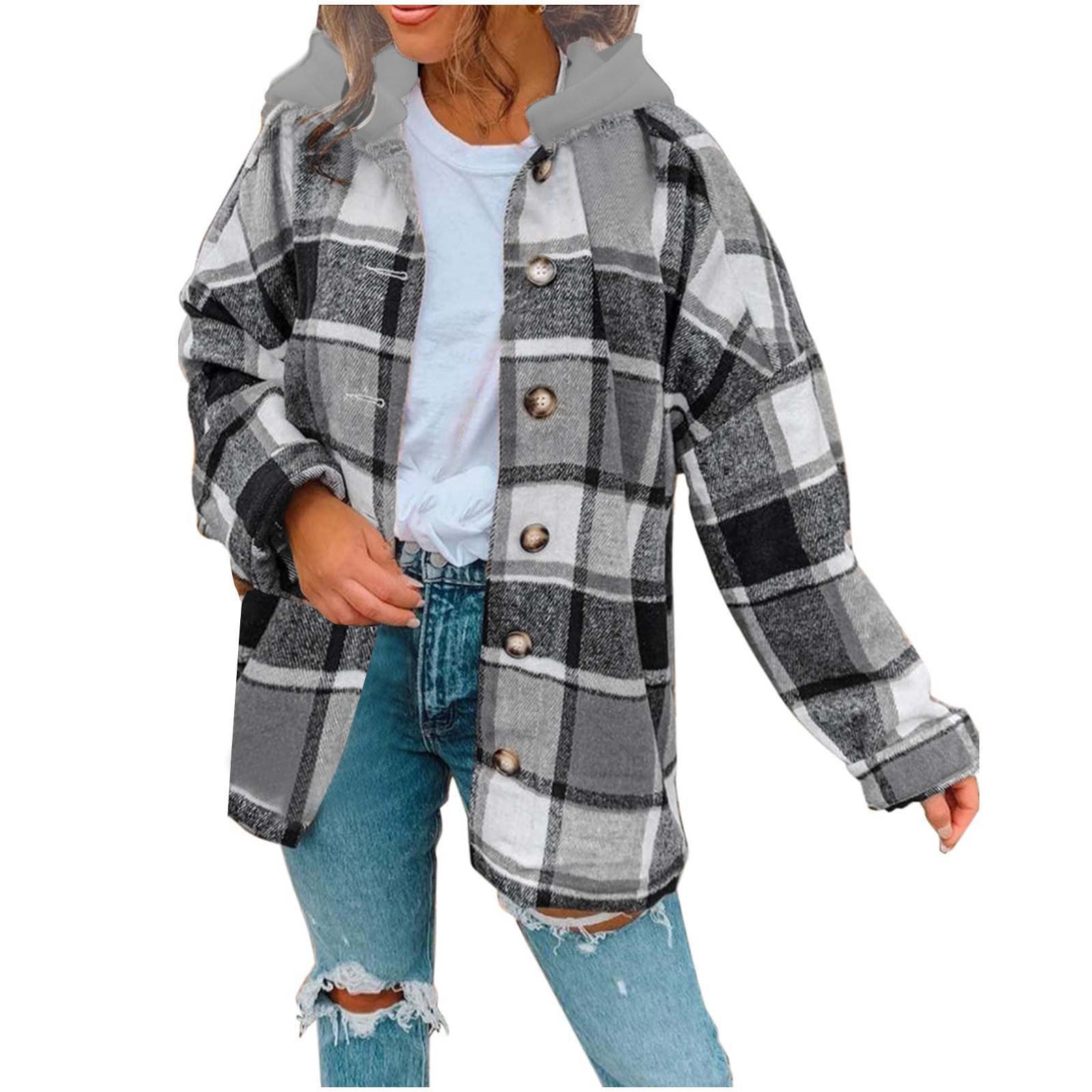 Shackets for Women 2023 Casual Plaid Button Down Long Sleeve Hooded ...