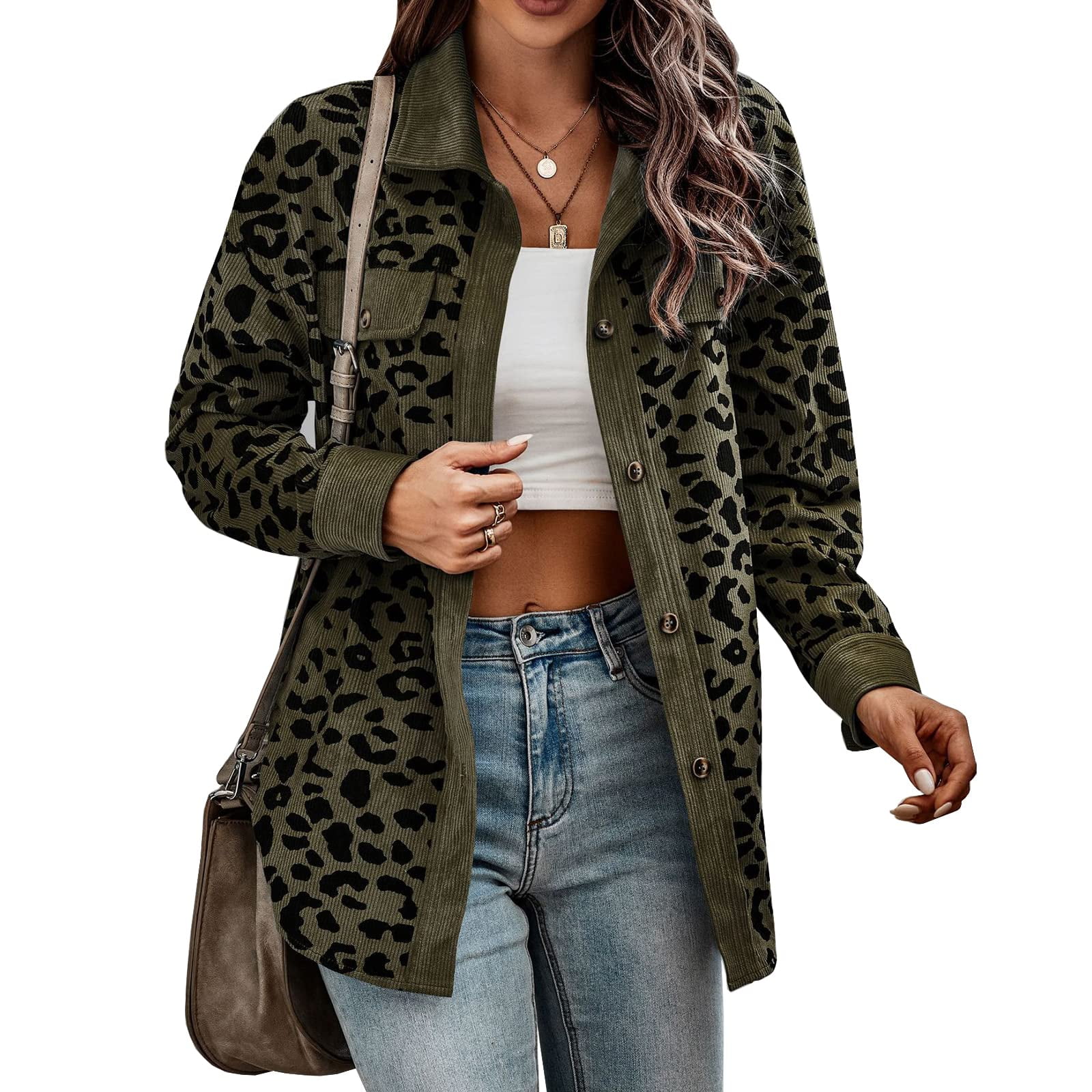 Shackets for Women 2024 Corduroy Leopard Print Jacket Casual Button ...