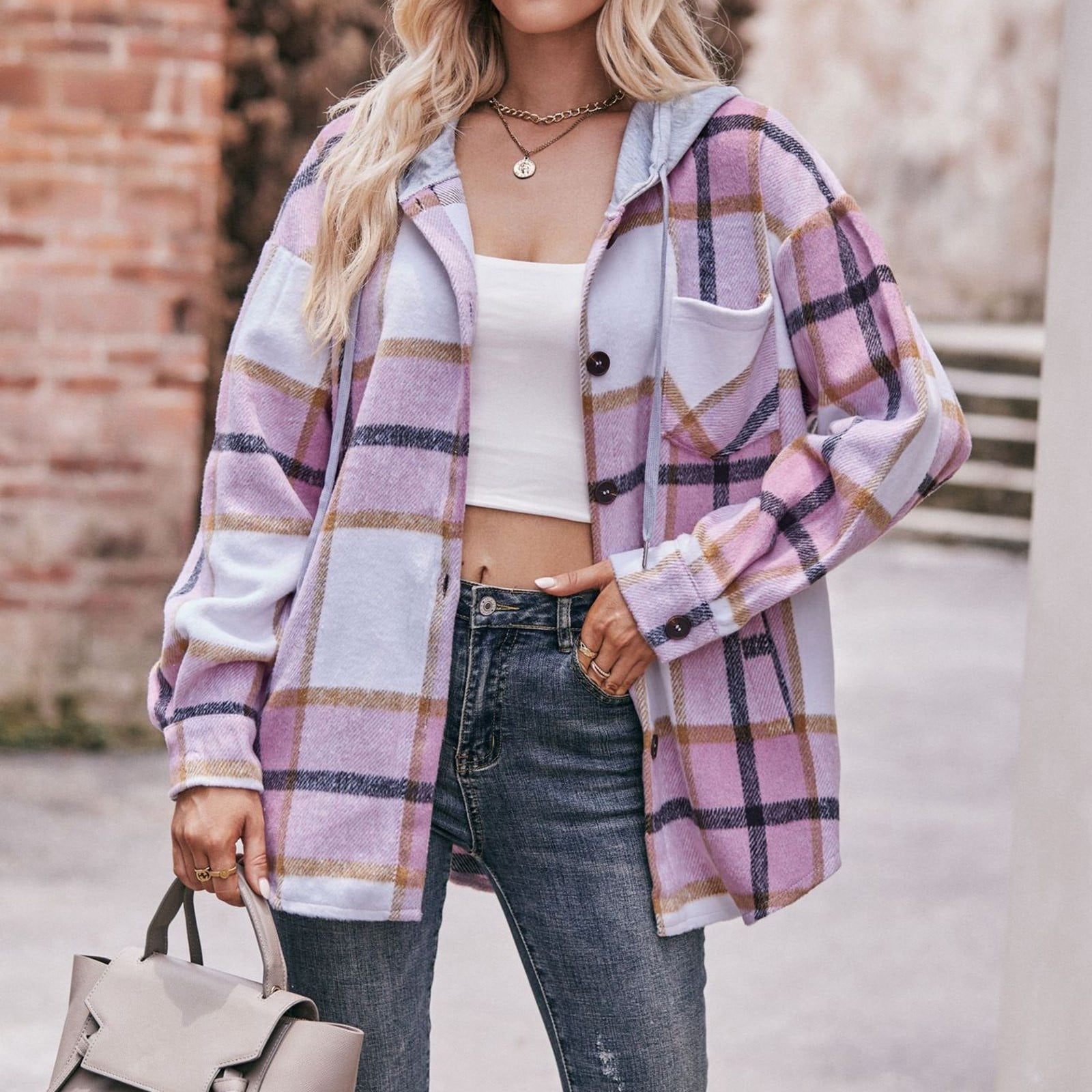 Shackets for Women 2024 Soft Plaid Lapel Hooded Long Shirt Jacket ...