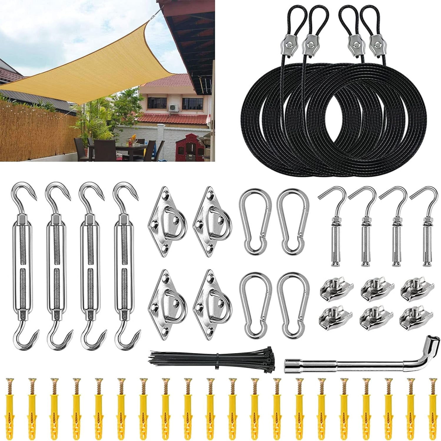 Shade Sail Hardware Kit with 4pcs 13ft Nylon Coated Cable Wires, Sun ...