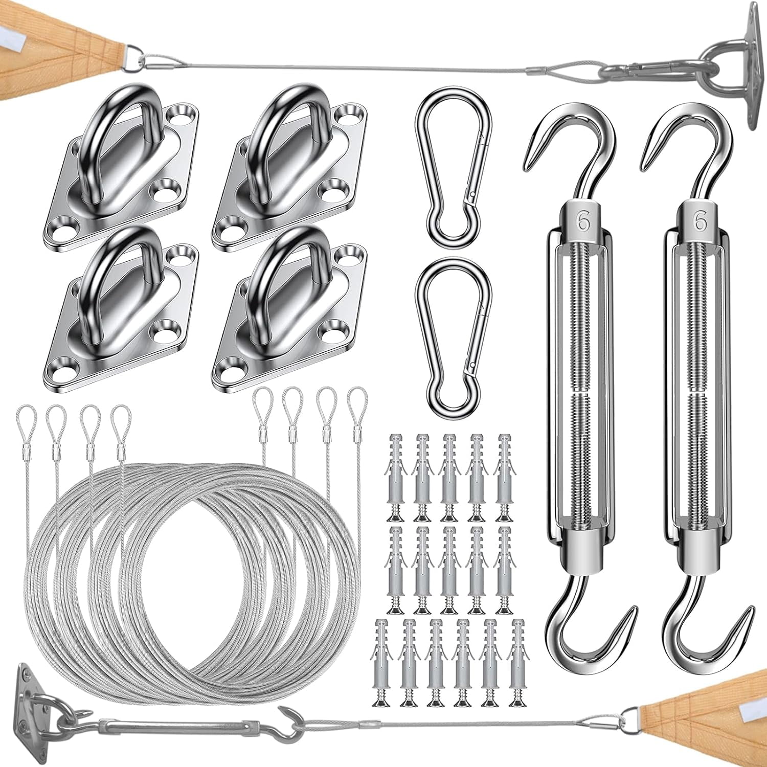 Shade Sail Hardware Kit with Cable Wire Rope,48 Ft (12Ftx4) Vinyl ...