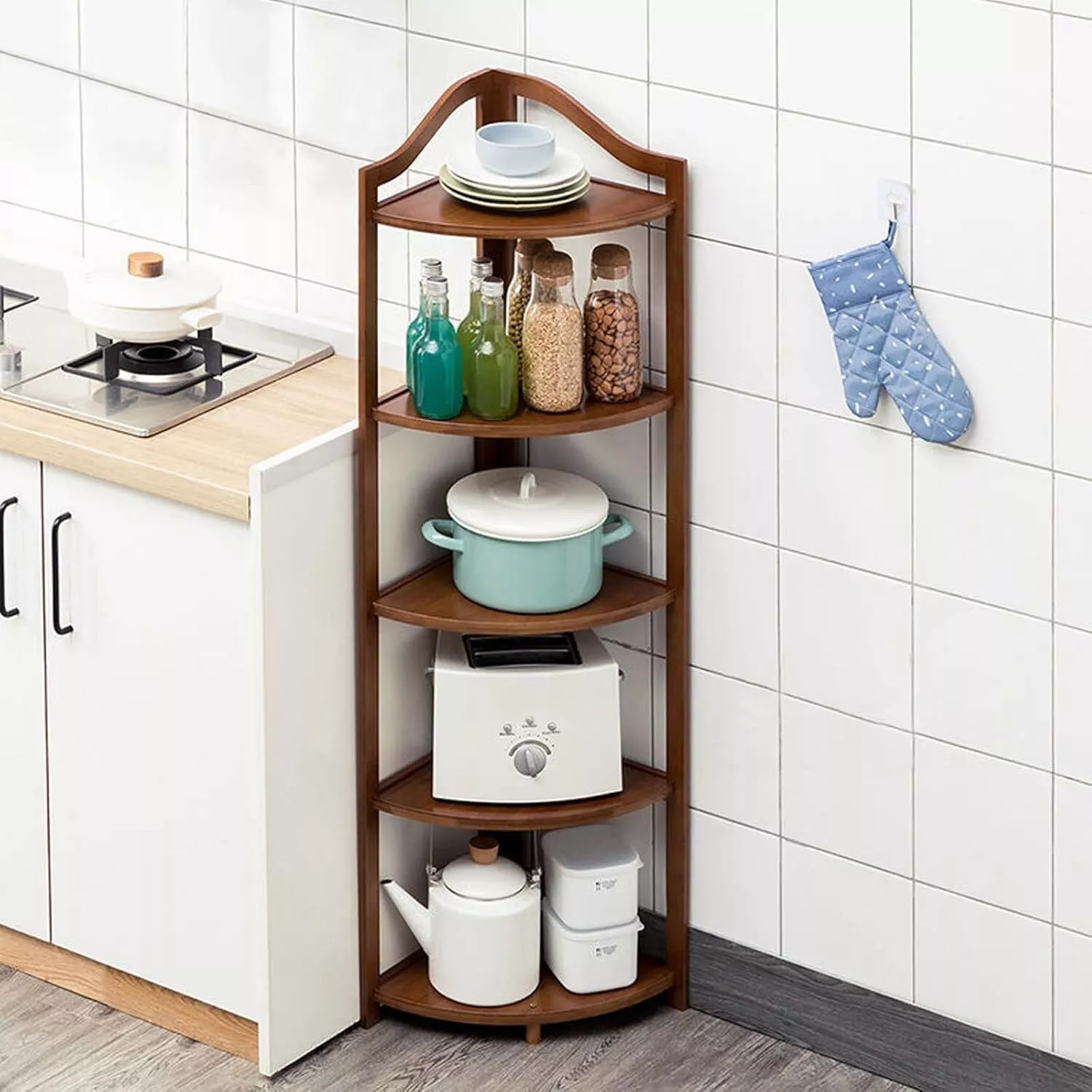 ShadeMart 5-Tier Brown Corner Shelf Corner Bookshelf Bookcase Multi ...