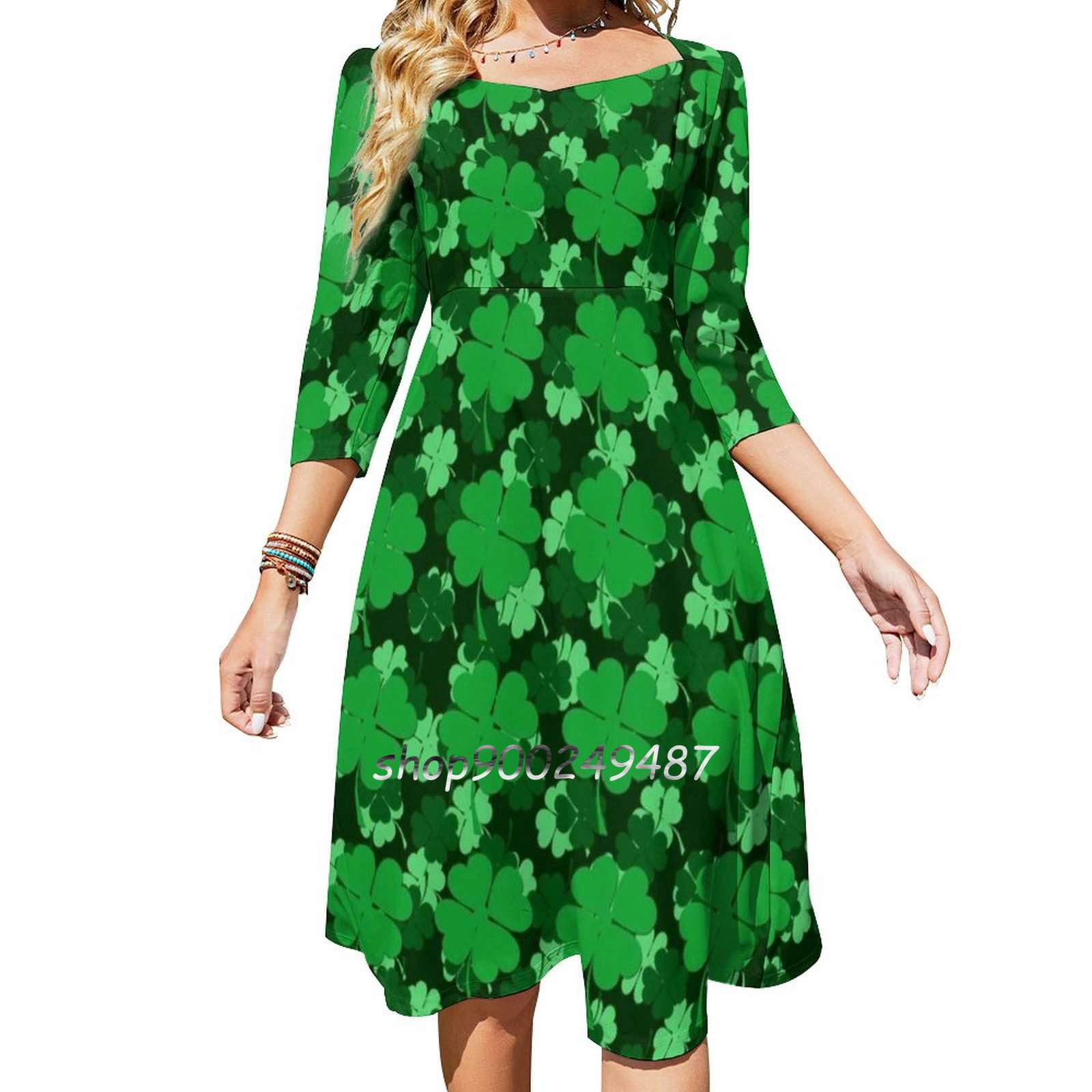 Shades Of Green Shamrocks Flare Dress Square Neck Dress Elegant Female ...