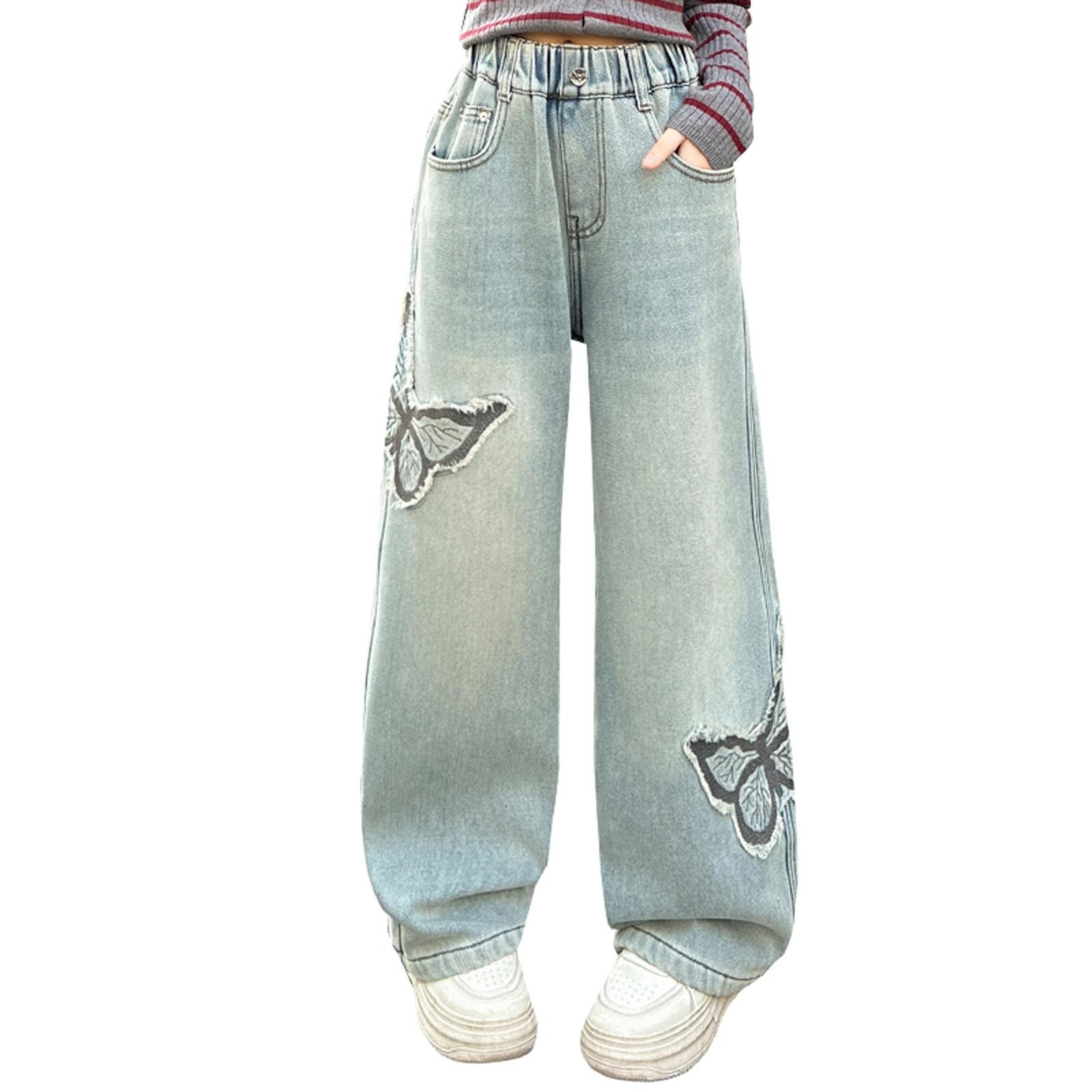 Shadoumai Back To School Girls Fashion Wide Leg Jeans Elastic Waist ...