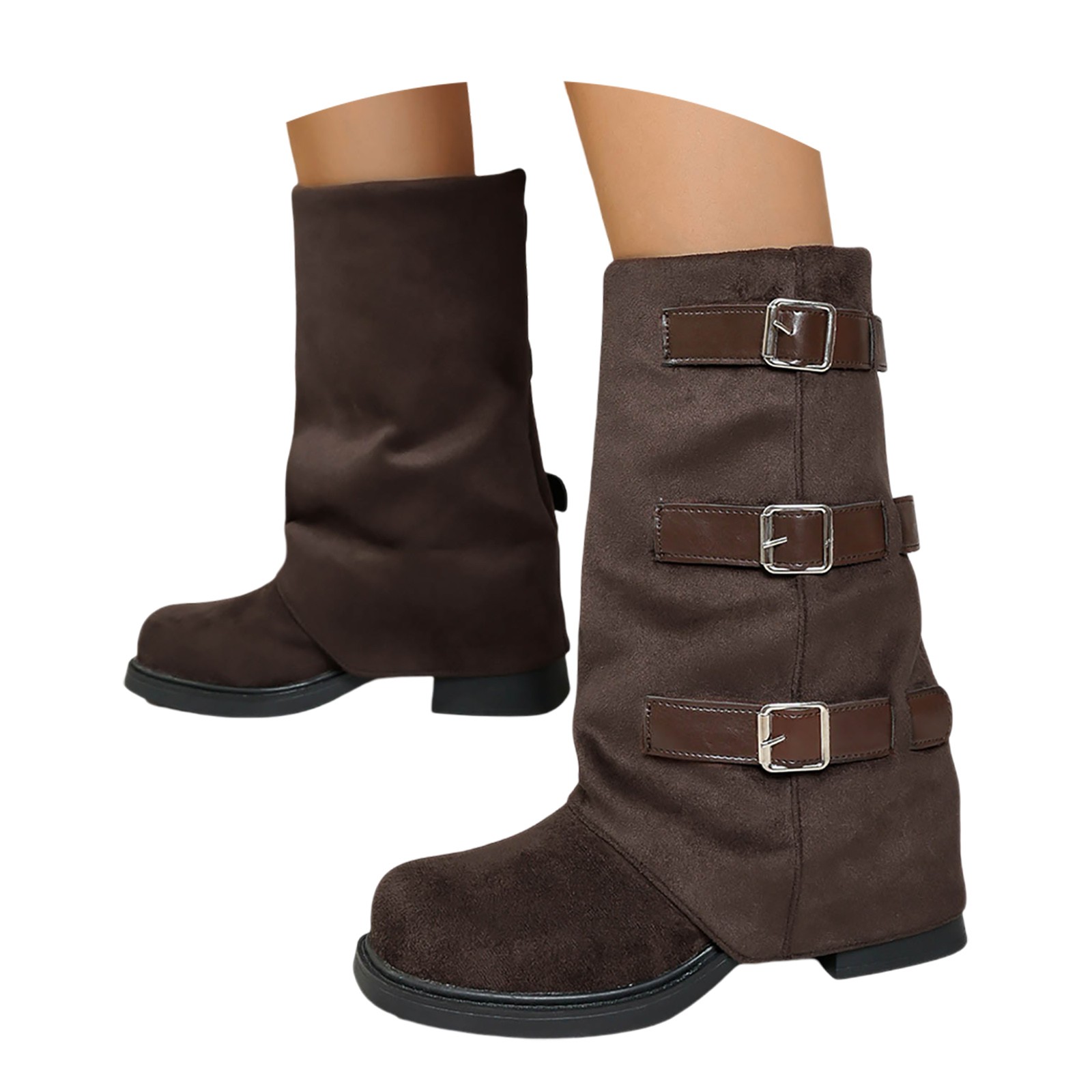 Shadoumai Fold Over Boots for Women Chunky Mid Calf Square Toe Slouchy ...