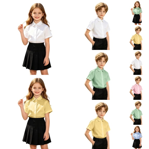 Shadoumai Girls Button Down Dress Shirts Kids Summer Short Sleeve ...