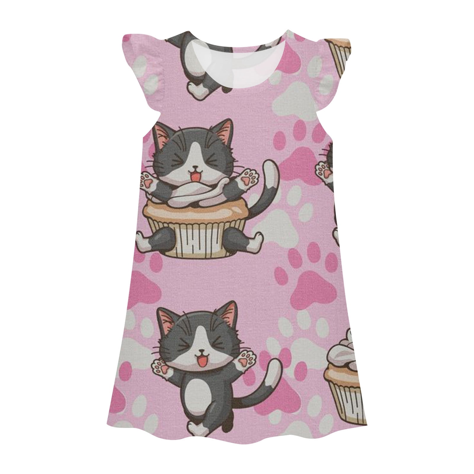 Shadoumai Girls Dresses Size 14-16 Ruffle Sleeve Round Neck Cute Prints ...