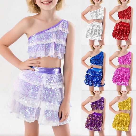 Shadoumai Girls Sequin Dance Outfit Two Piece Stretchy Comfort Fit ...