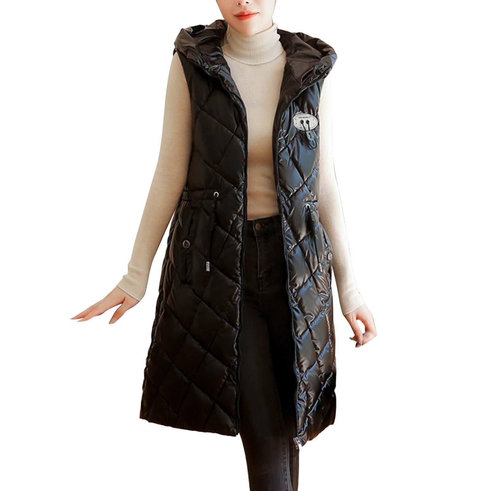 Shadoumai Long Puffer Vest Winter Glossy Cotton Vest Jacket Hooded Warm ...
