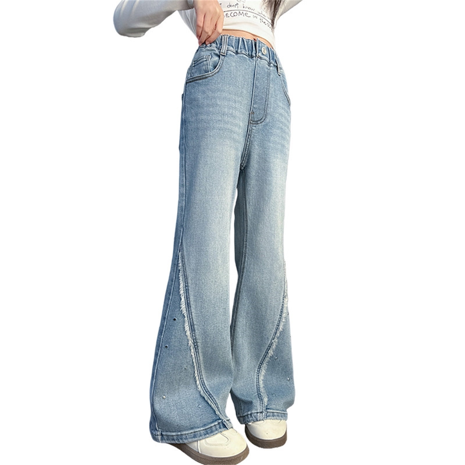 Shadoumai Tween Girls Ripped Jeans Baggy Y2k Zipper Fly & Elastic Waist ...
