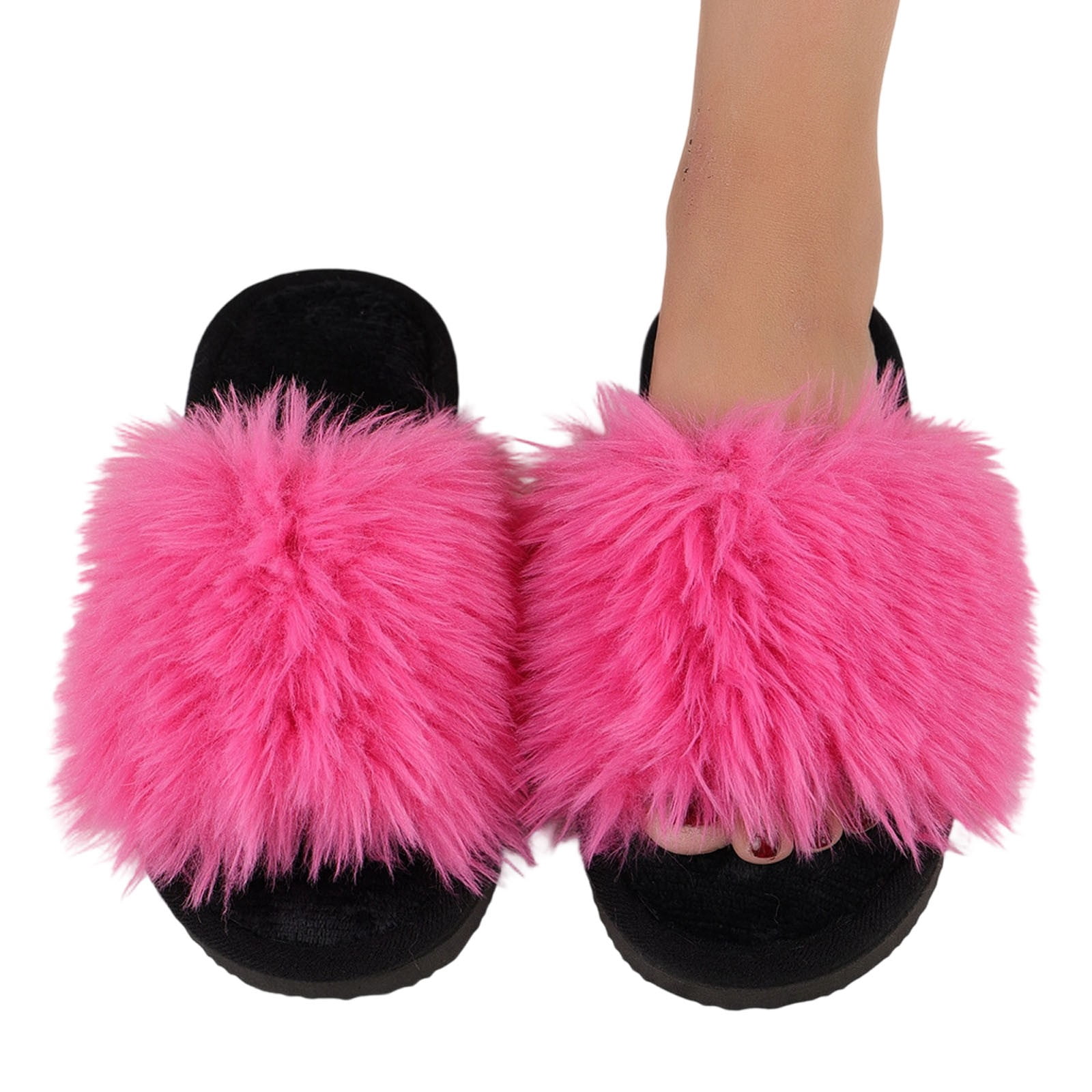 Shadoumai Women Open Toe Slippers with Fur Ball, Girl Furry Cozy Warm ...