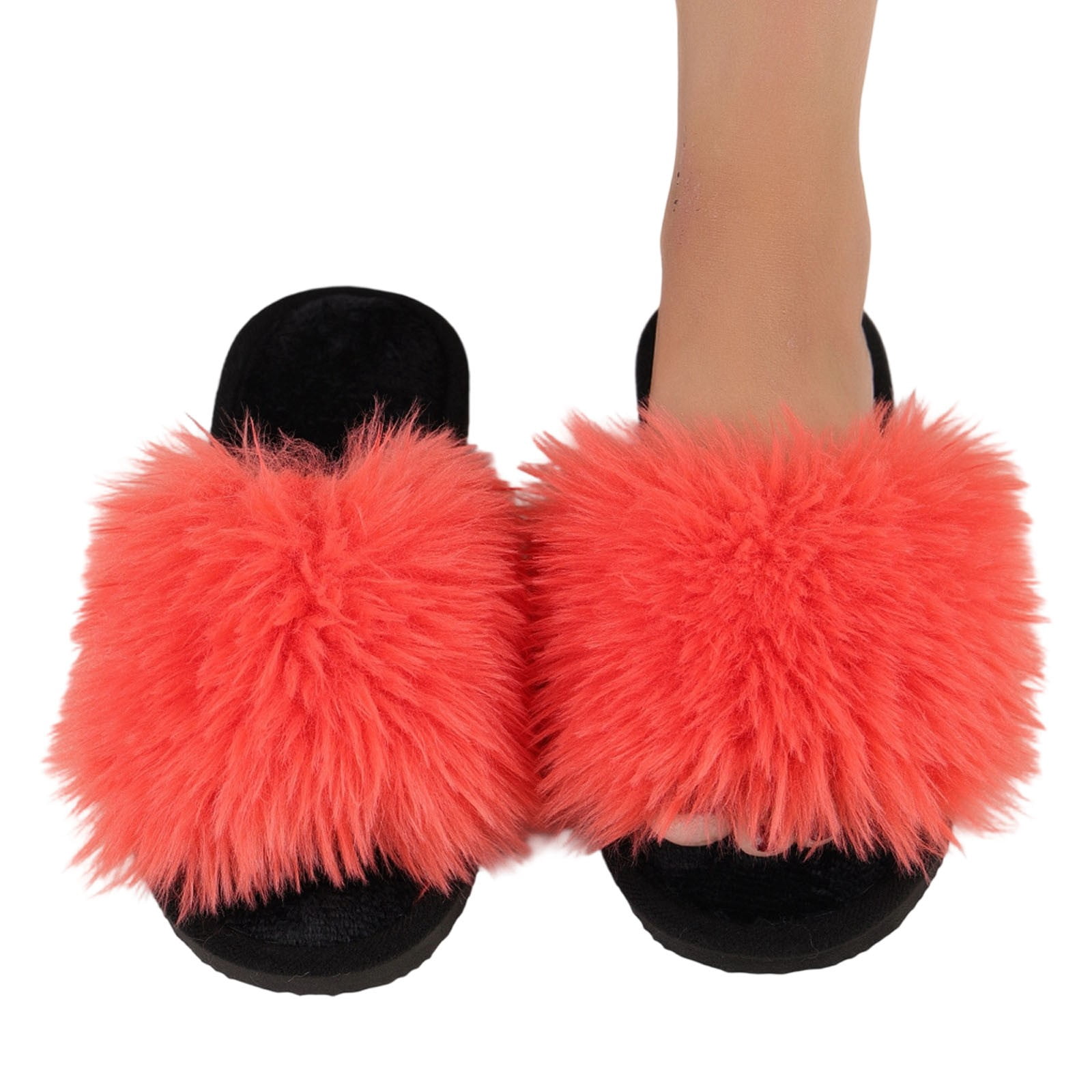Shadoumai Women Open Toe Slippers with Fur Ball, Girl Furry Cozy Warm ...