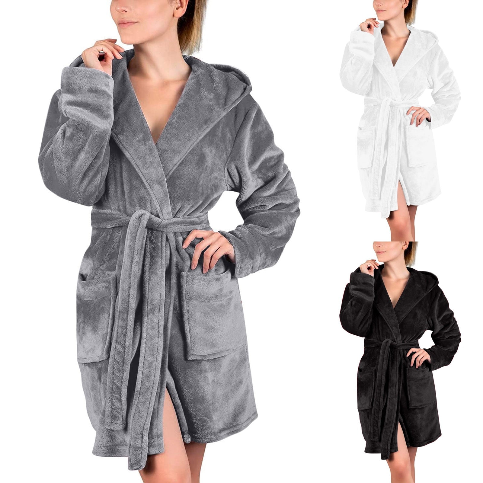 Shadoumai Womens Fuzzy Robe Mid Length Bathrobe Belted Soft Bath Robes ...