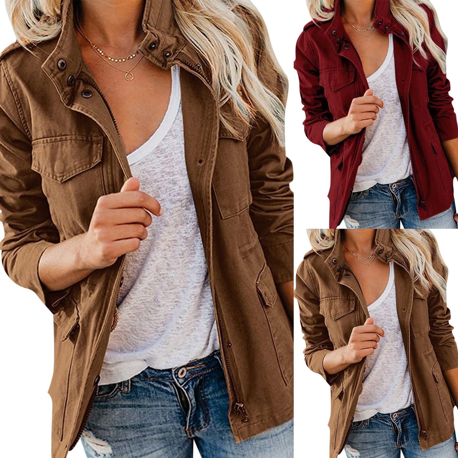 Shadoumai Womens Multi Pockets Military Jacket Women Stand Collar Zip ...