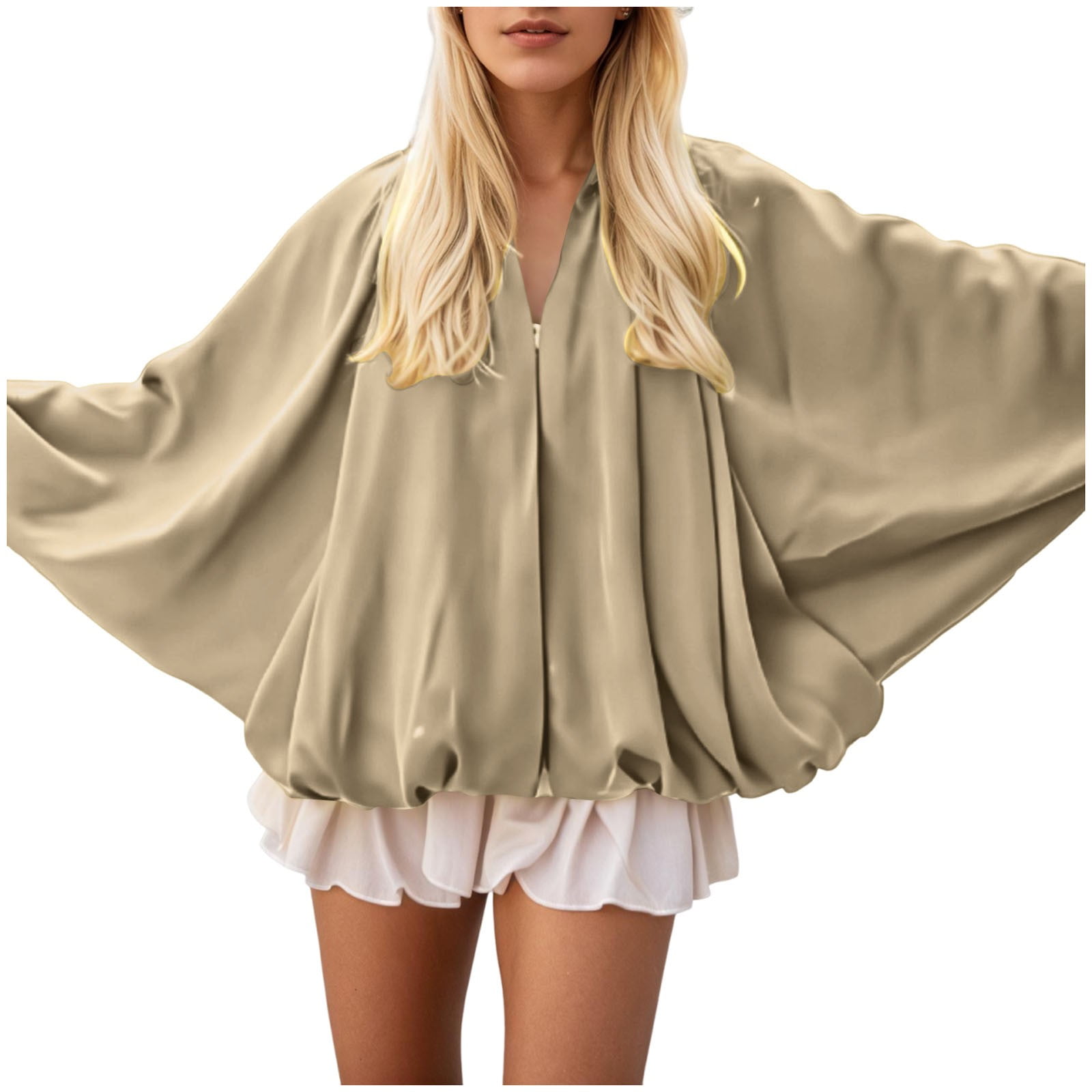 Shadoumai Womens Puffed Bomber Jacket Batwing Sleeve Zip Up Oversized ...