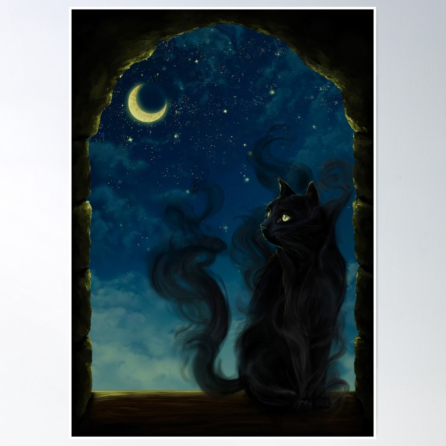Shadow Black Cat Moon Night - Digital Art Painting Poster Wall Art ...