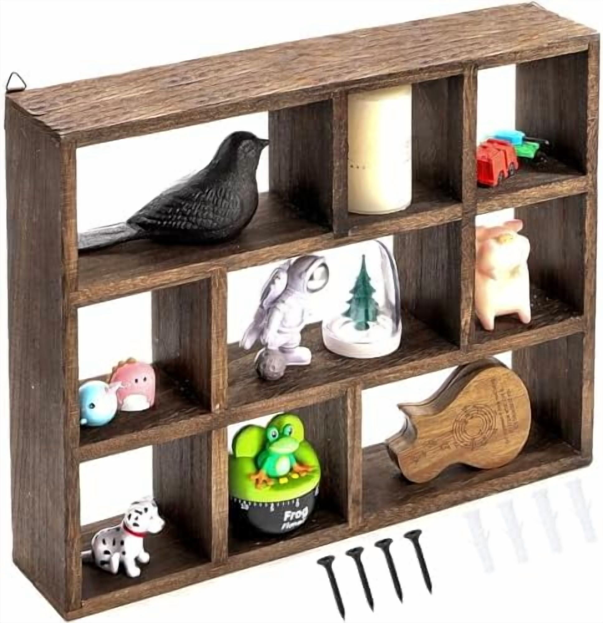 Shadow Box Display Shelf, 15" x 11.8" 9-Slot Rustic Floating Shelves, Wood Finish Wall Mountable ...