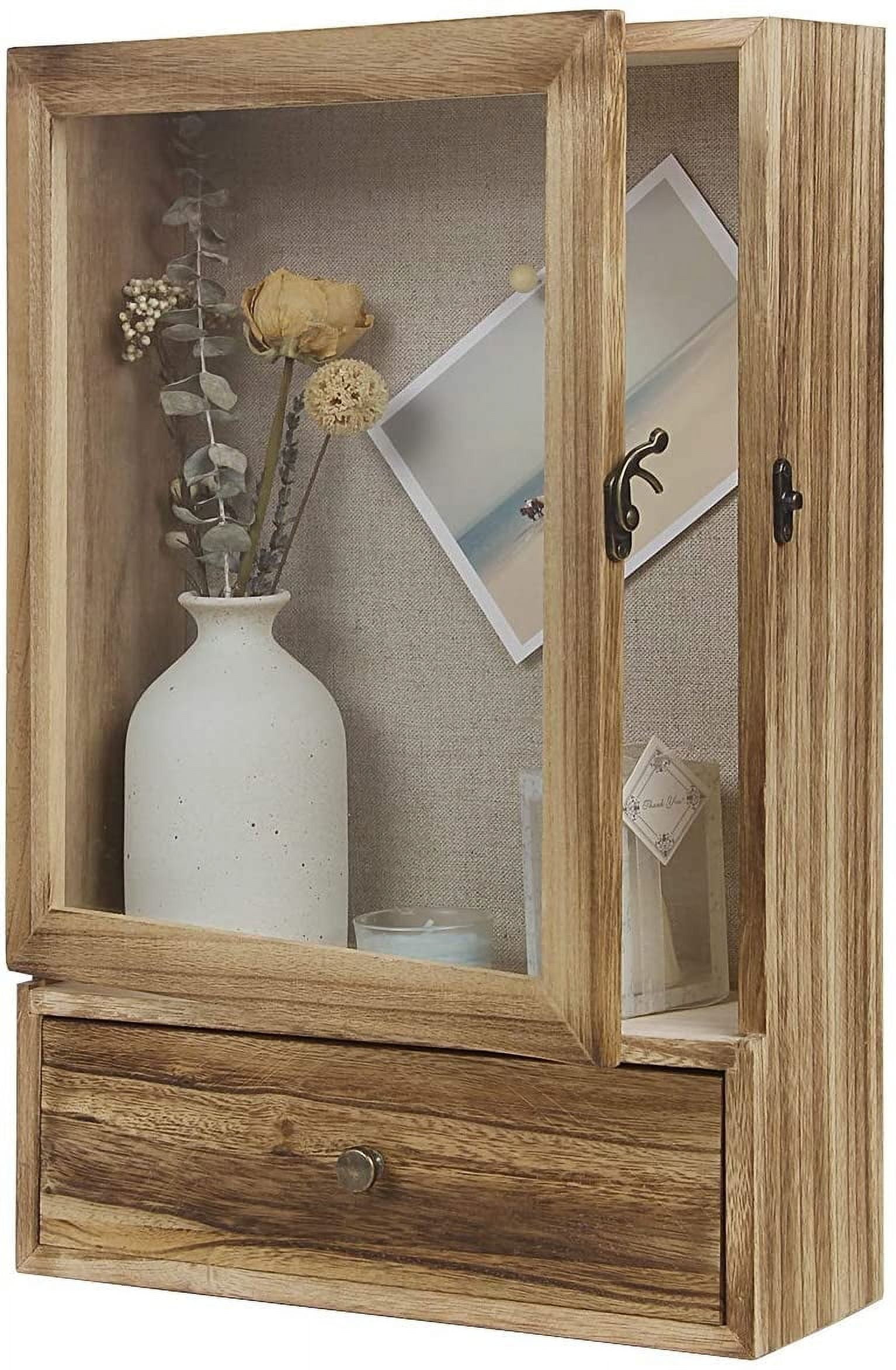 "Hinged Wood Shadow Box Display with Drawer, 3.2"" Deep, Rustic Memory ...