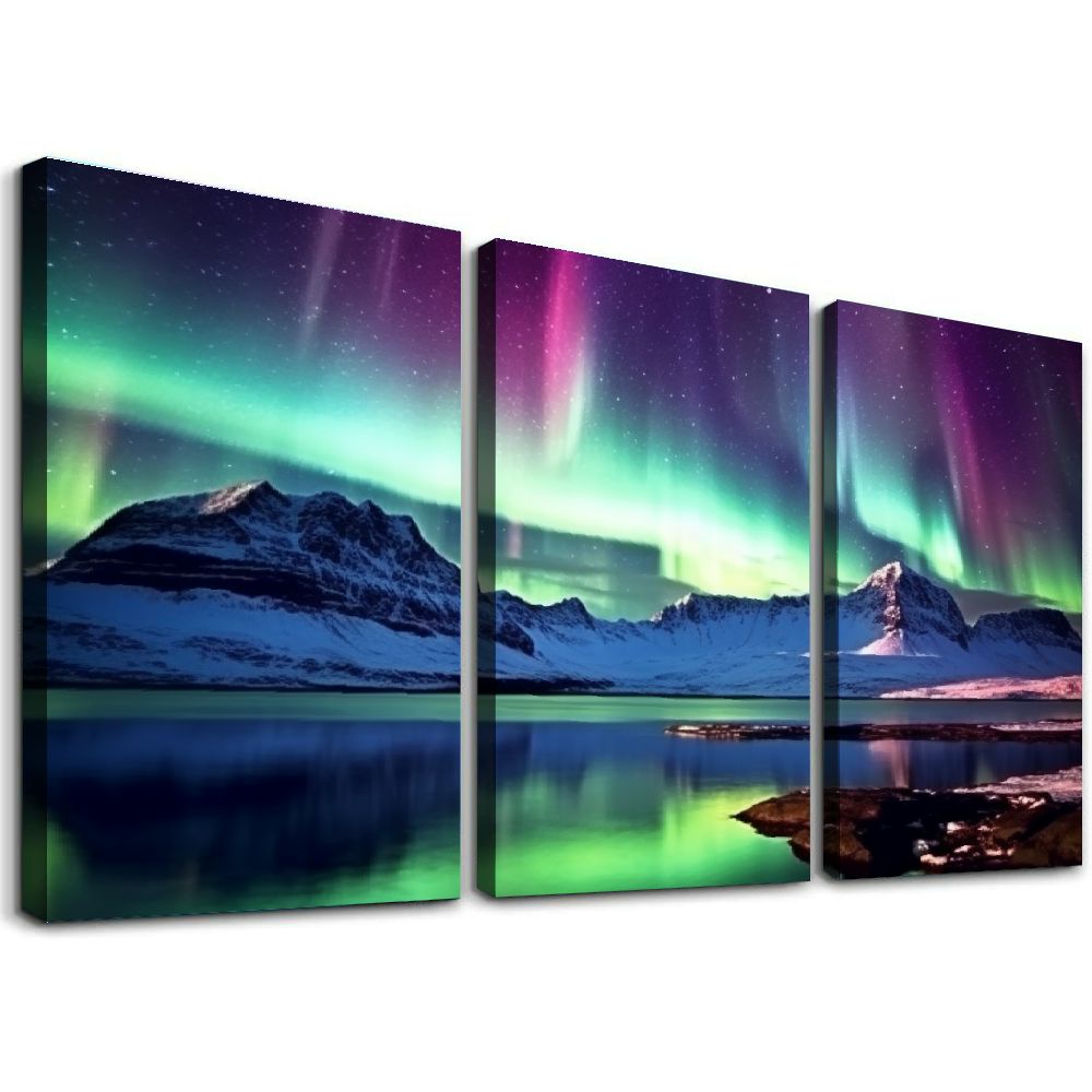 Shadudu Aurora Borealis, Lake, Mountains Canvas Wall Decor Set of 3 for ...