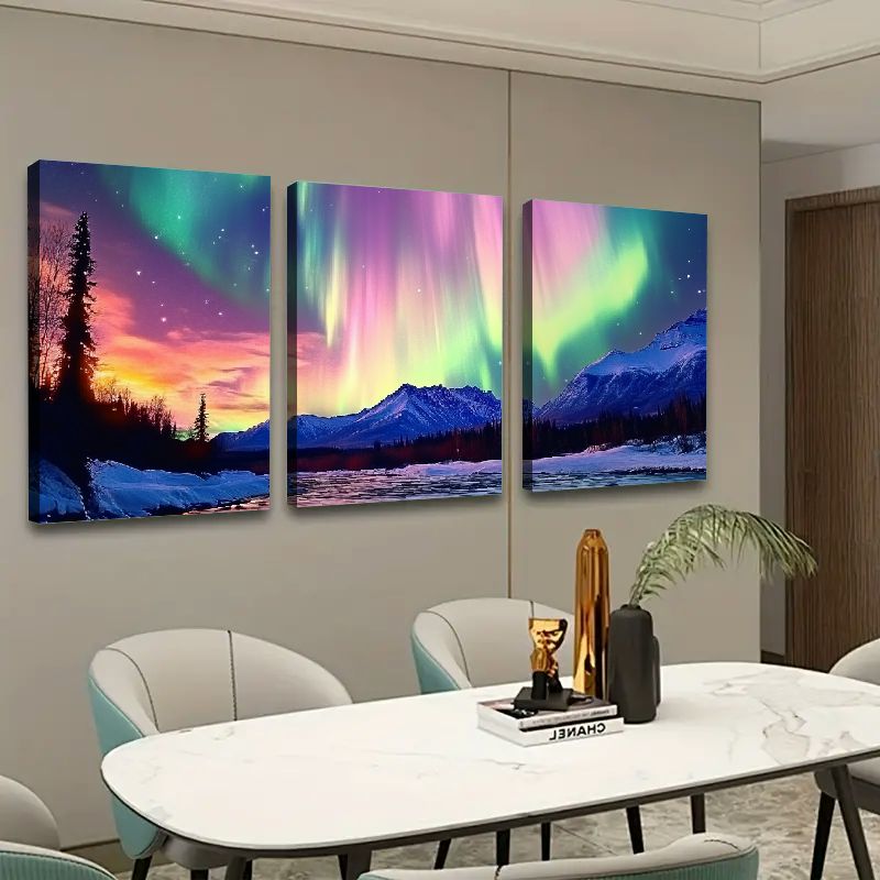 Shadudu Aurora Borealis Mountains River Canvas Wall Art Set of 3 Large ...