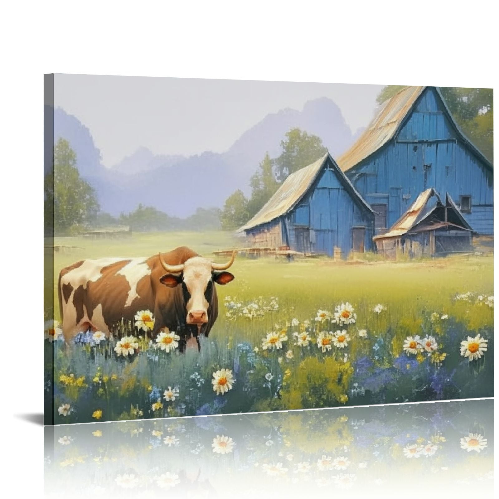 Shadudu Barn Picture Highland Cow and Wildflowers Landscape Wall Art ...