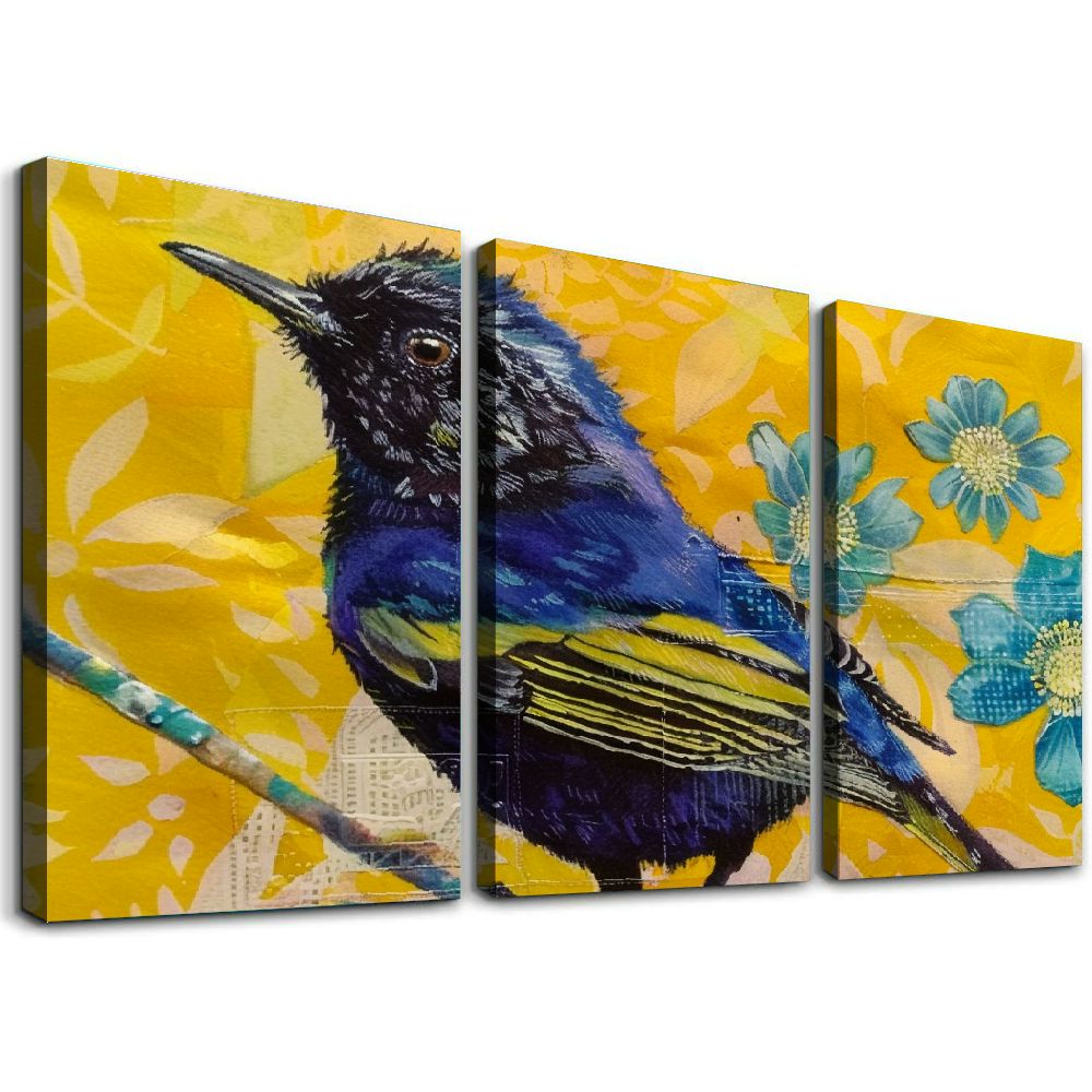 Shadudu Blue Bird Flowers Gouache Detailed Paintings Canvas Wall Art ...