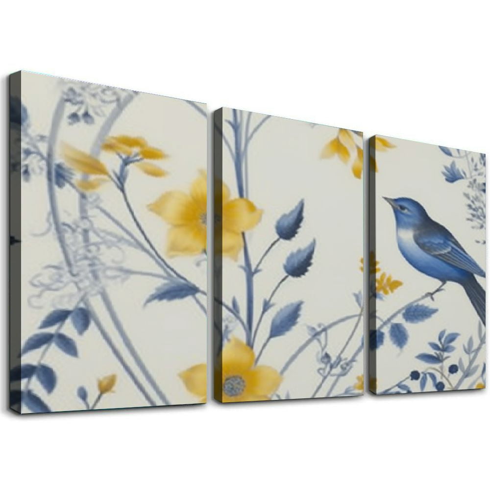 Shadudu Blue Flowers Yellow Flowers Bird Canvas Triptych Wall Art Set ...
