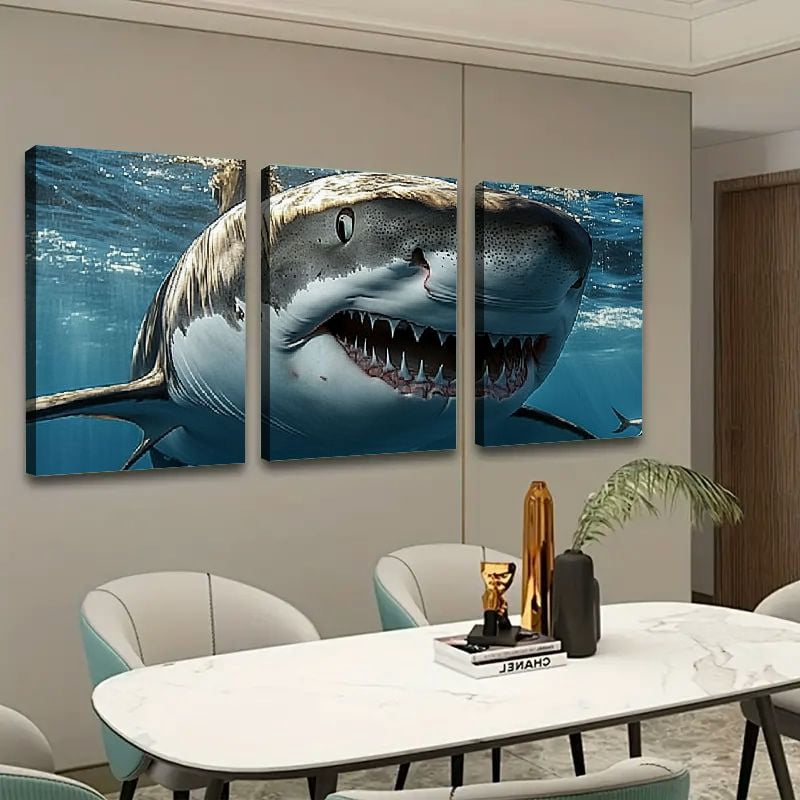 Shadudu Blue Wall Art Painting Great White Shark Catching Fish At ...