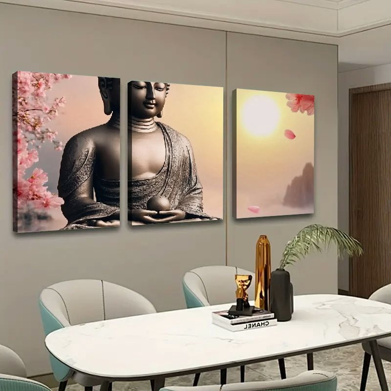 Shadudu Buddha Canvas Wall Art, Golden Zen Statue with Pink Flowers ...