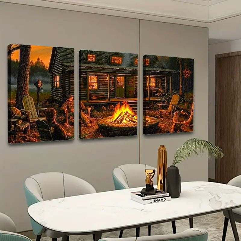 Shadudu Cabin Fire Pit Dog Modern Canvas Prints 3-Piece Large Size Wall ...
