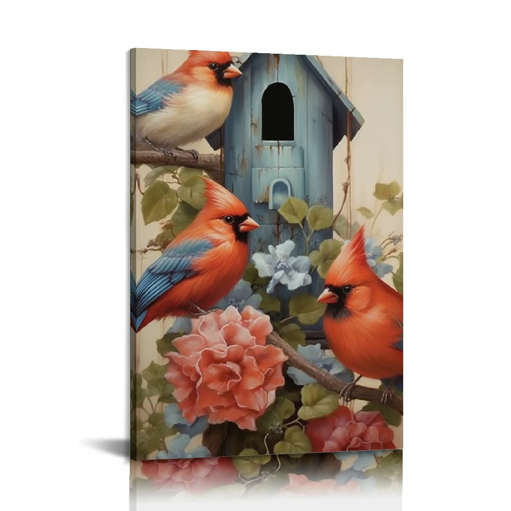 Shadudu Cardinal Canvas Wall Art Cardinal Bird with Vintage Flower ...