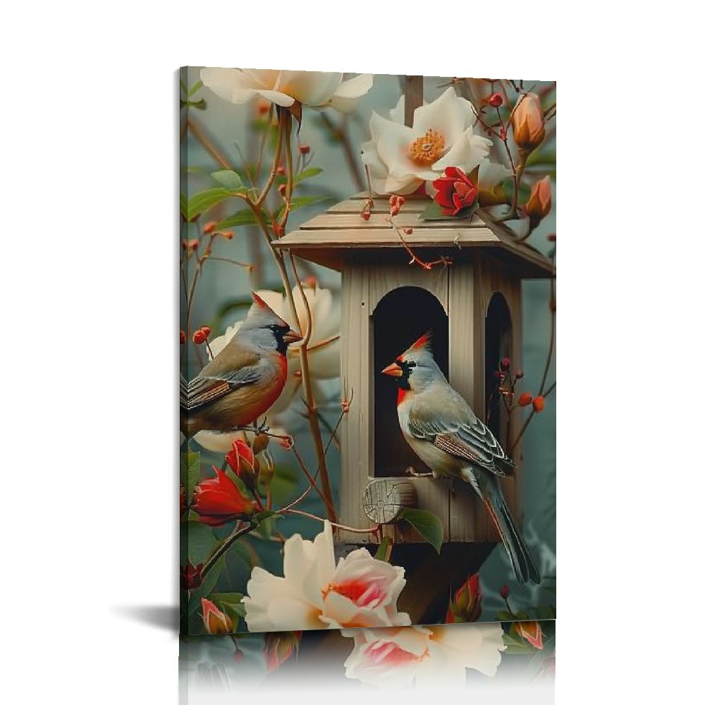 Shadudu Cardinal Canvas Wall Art Red Bird on Birdhouse Picture Prints ...