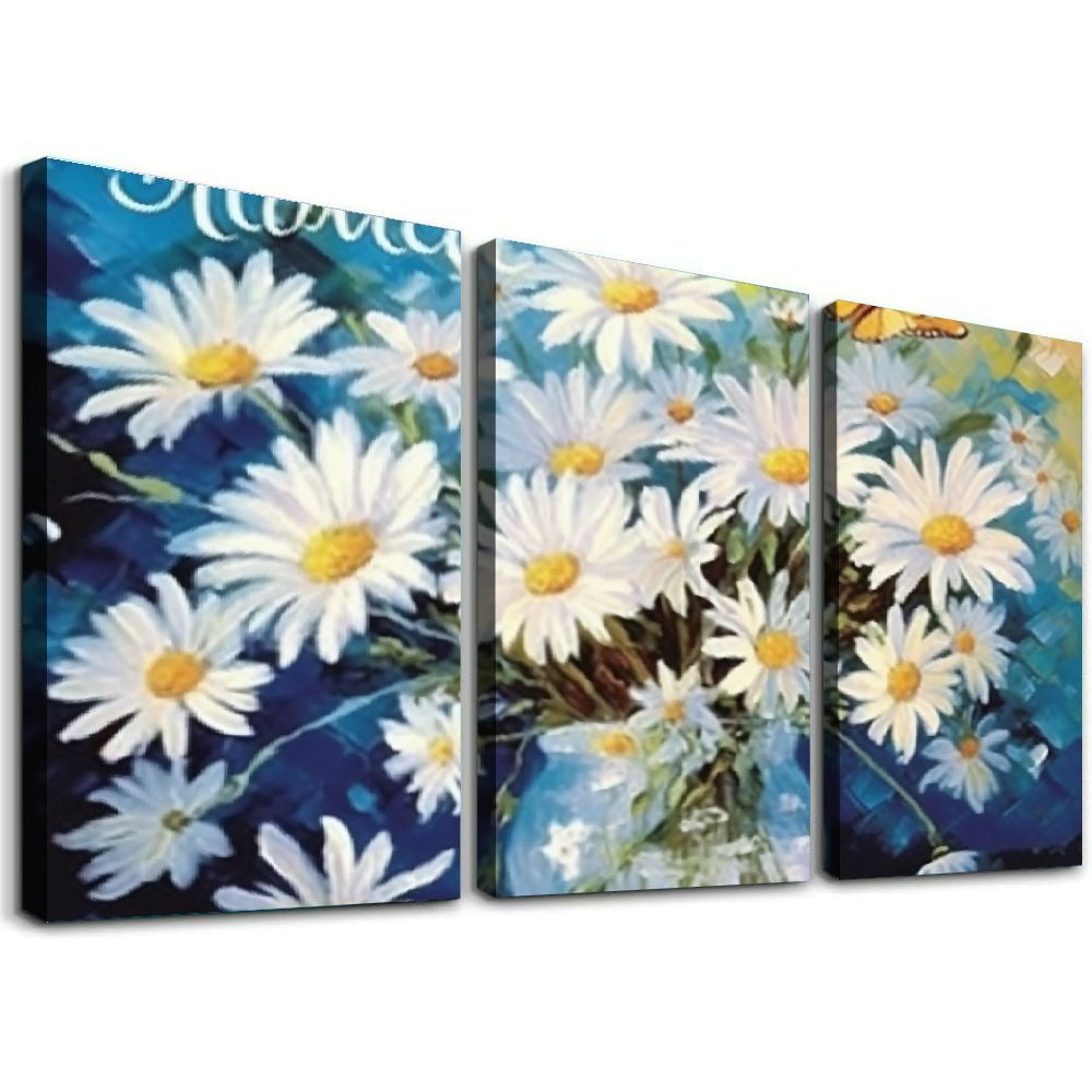 Shadudu Daisies Vase Pointillism Painting Canvas Print Triptych Living ...