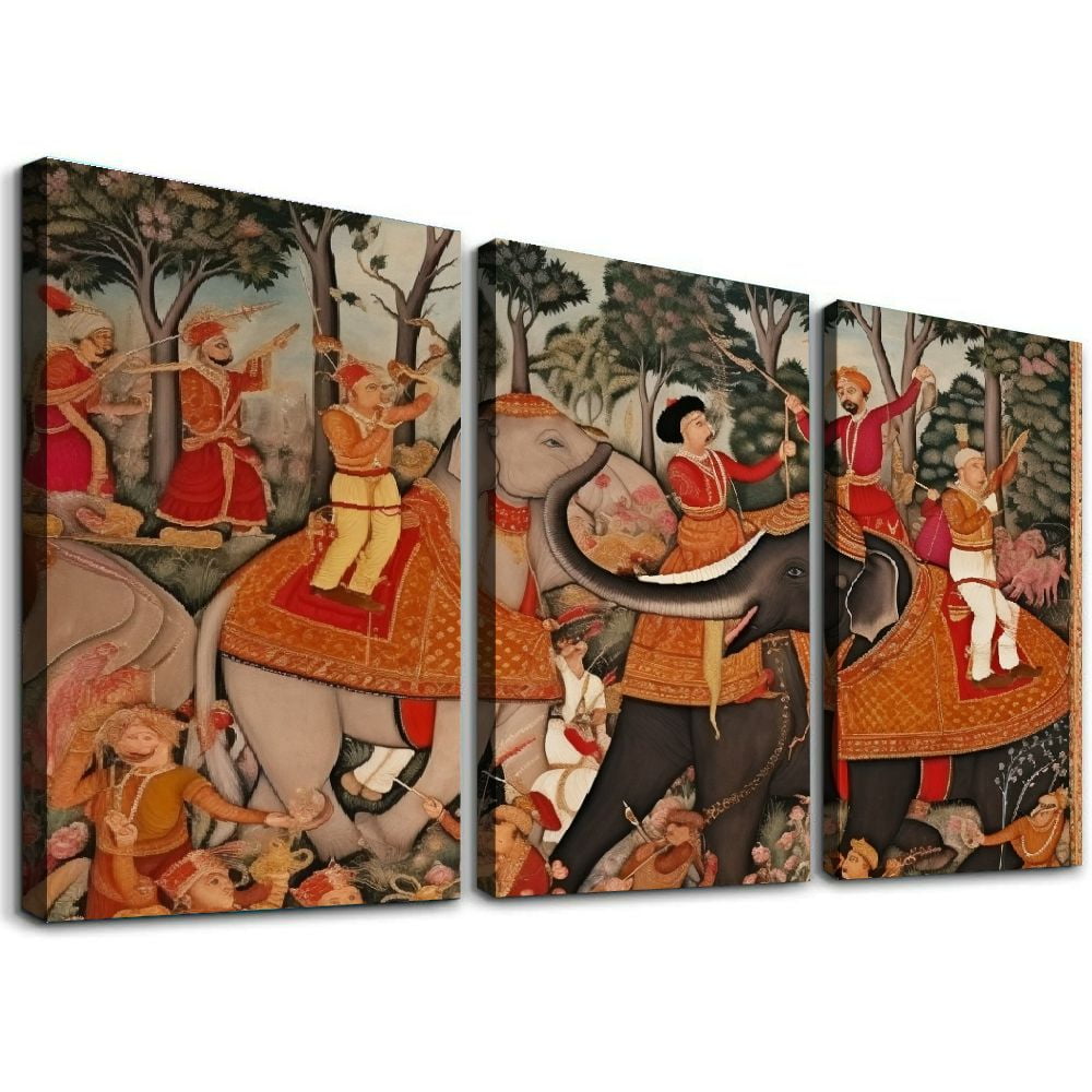 Shadudu Elephants People Riding Abdur Rahman Chughtai Canvas Wall Decor Art Modern Prints Set of ...