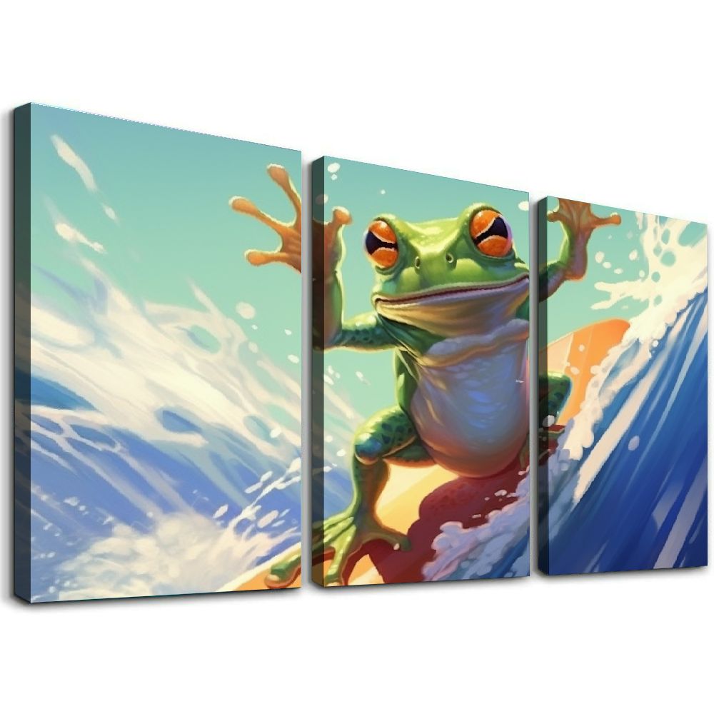 Shadudu Frog Surfboard Wave Decor Triptych Set for Living Room Bedroom ...