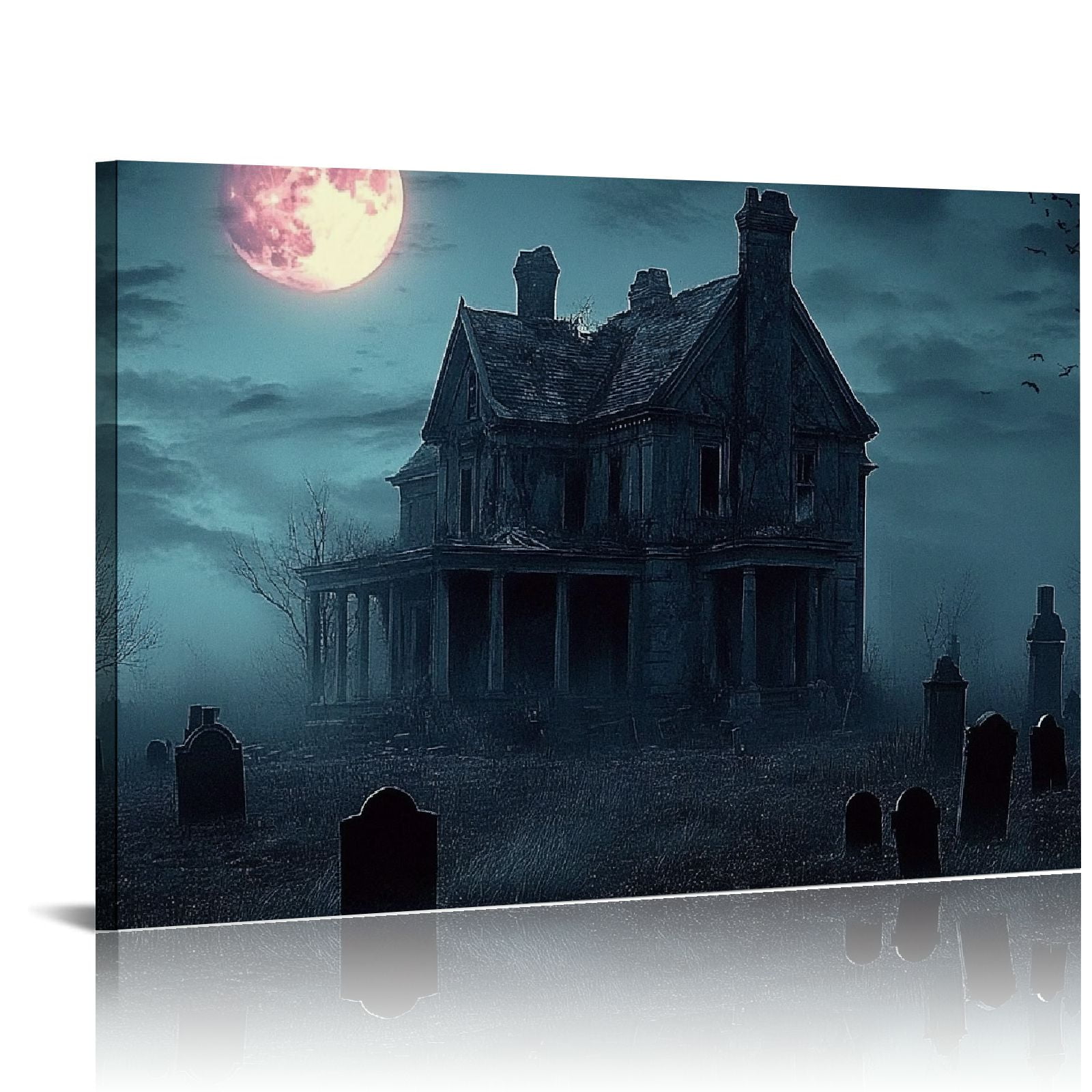 Shadudu Moonlit Canvas Wall Art, Spooky Painting Print, Haunted House ...