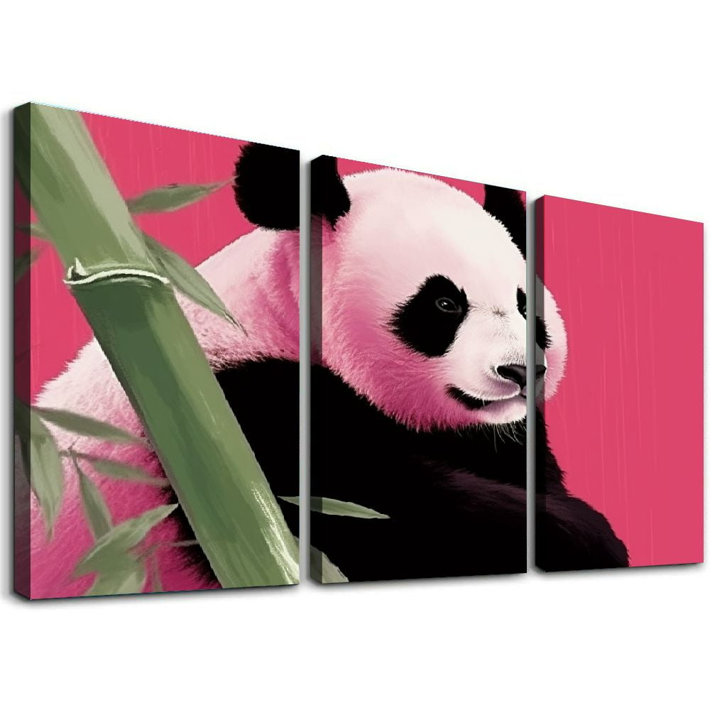 Shadudu Panda Bear Bamboo Leaves Canvas Print on Canvas Triptych Set ...